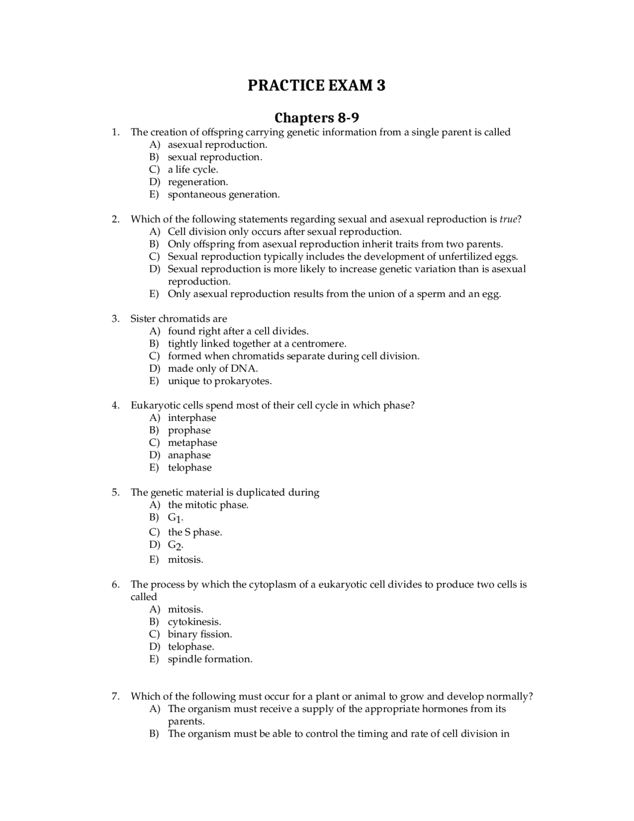 Practice Exam on Genetics and Cell Division | Exams Genetics | Docsity