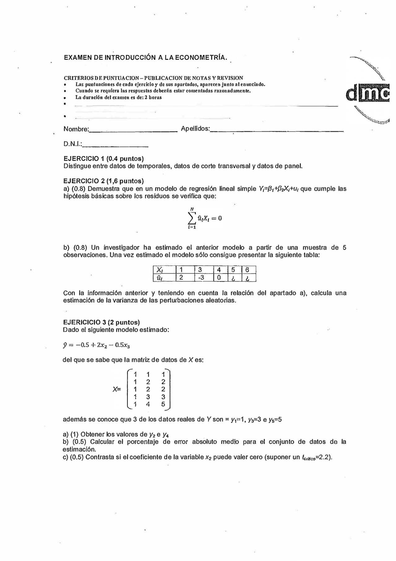 Exámenes de otros años | Exámenes de Econometría | Docsity