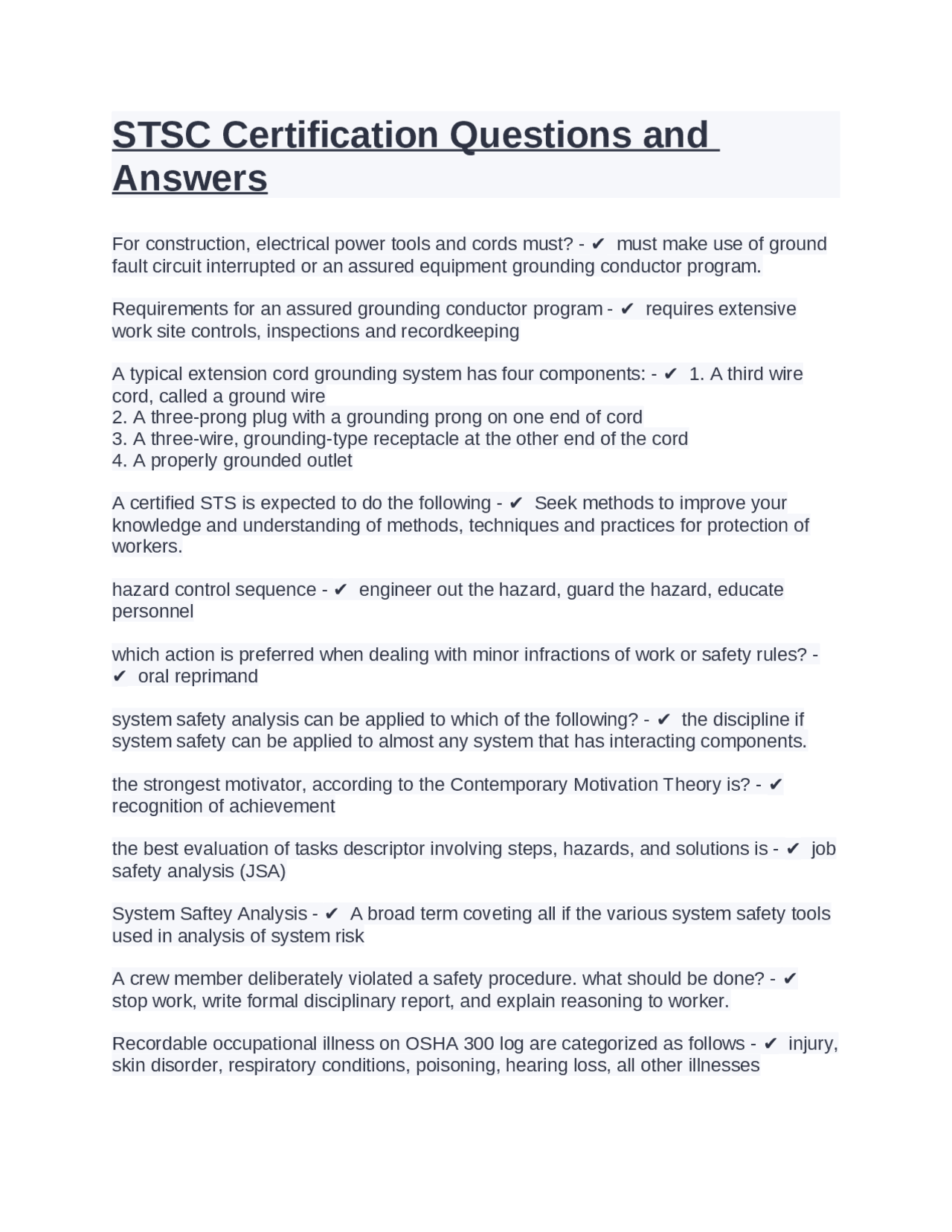 STSC Certification Questions and Answers | Exams Nursing | Docsity