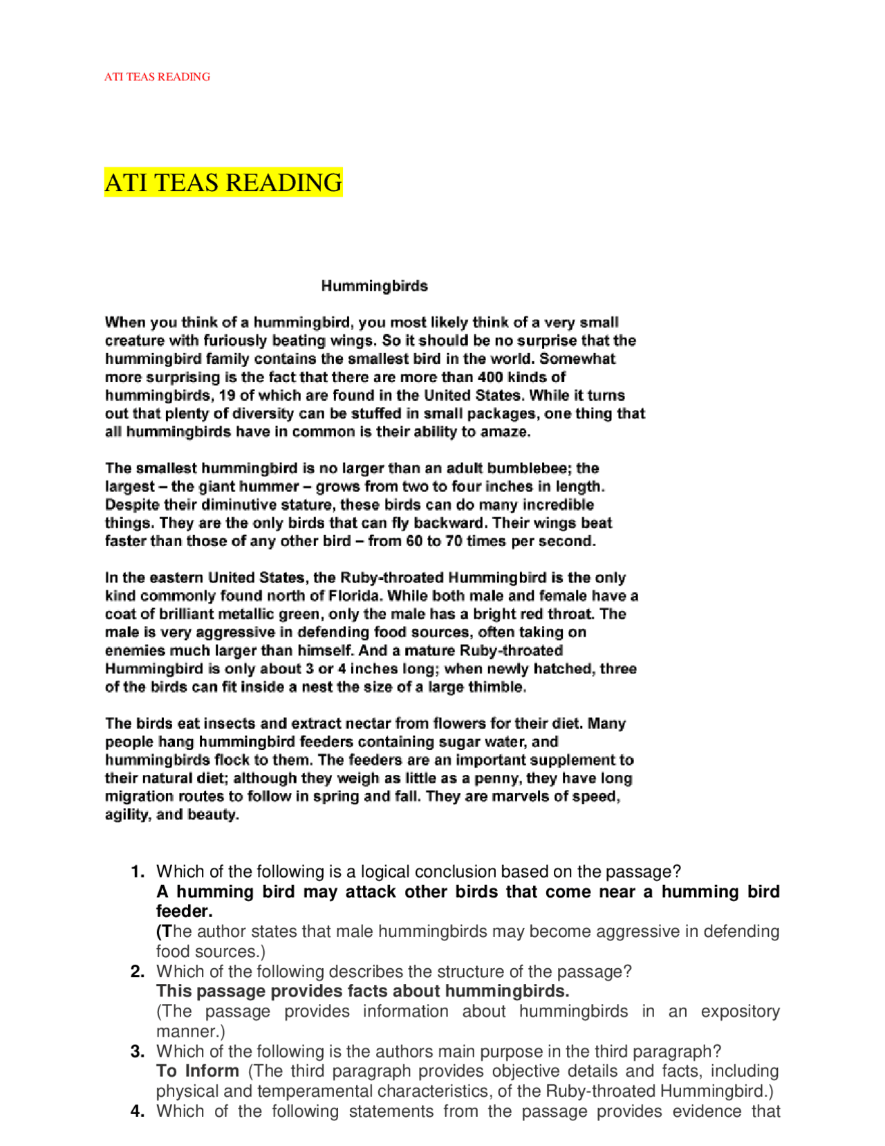 ATI TEAS READING GRADED A | Exams Science education | Docsity