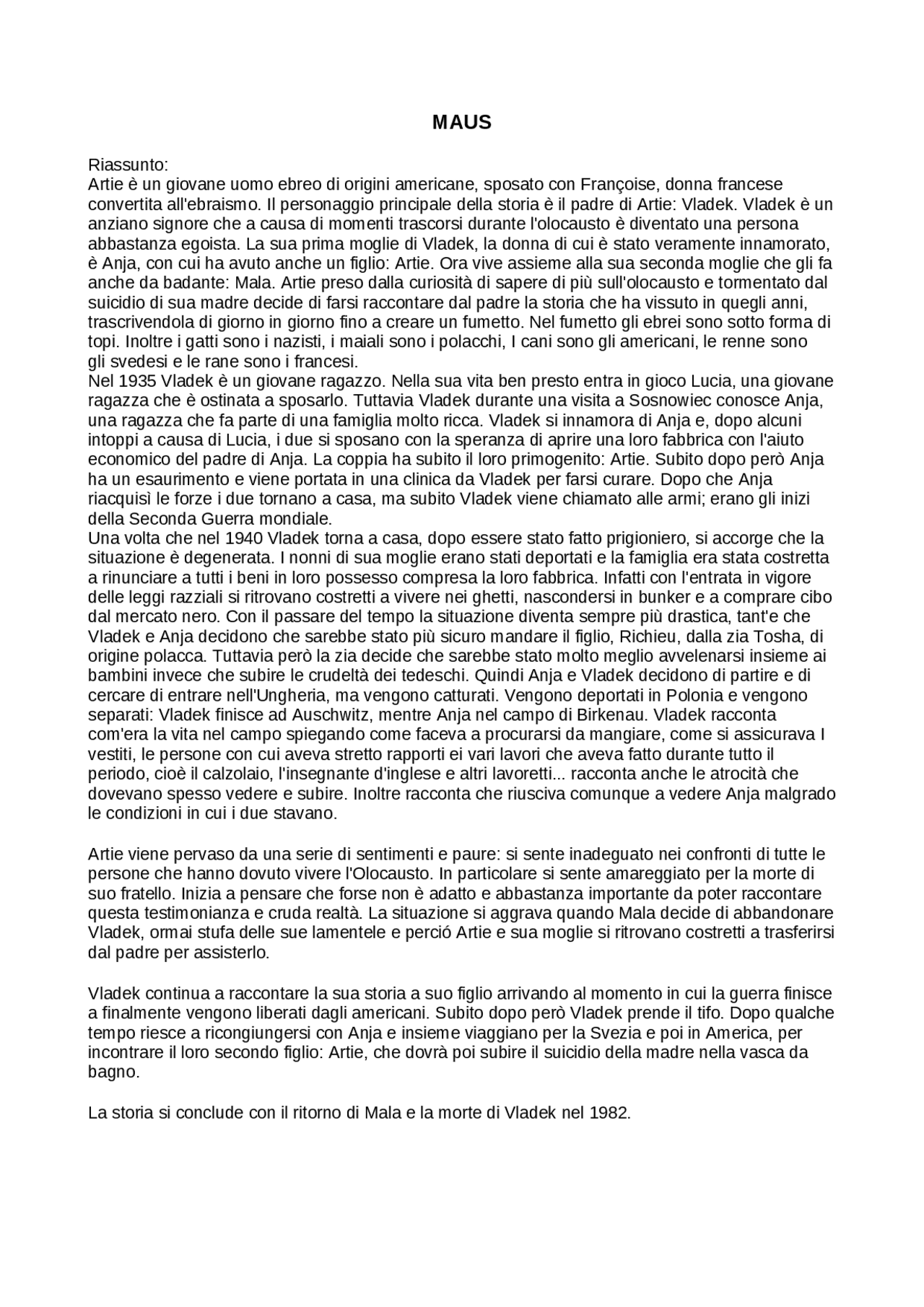 SCHEDA LIBRO DE "MAUS" | Guide, Progetti e Ricerche di Italiano | Docsity