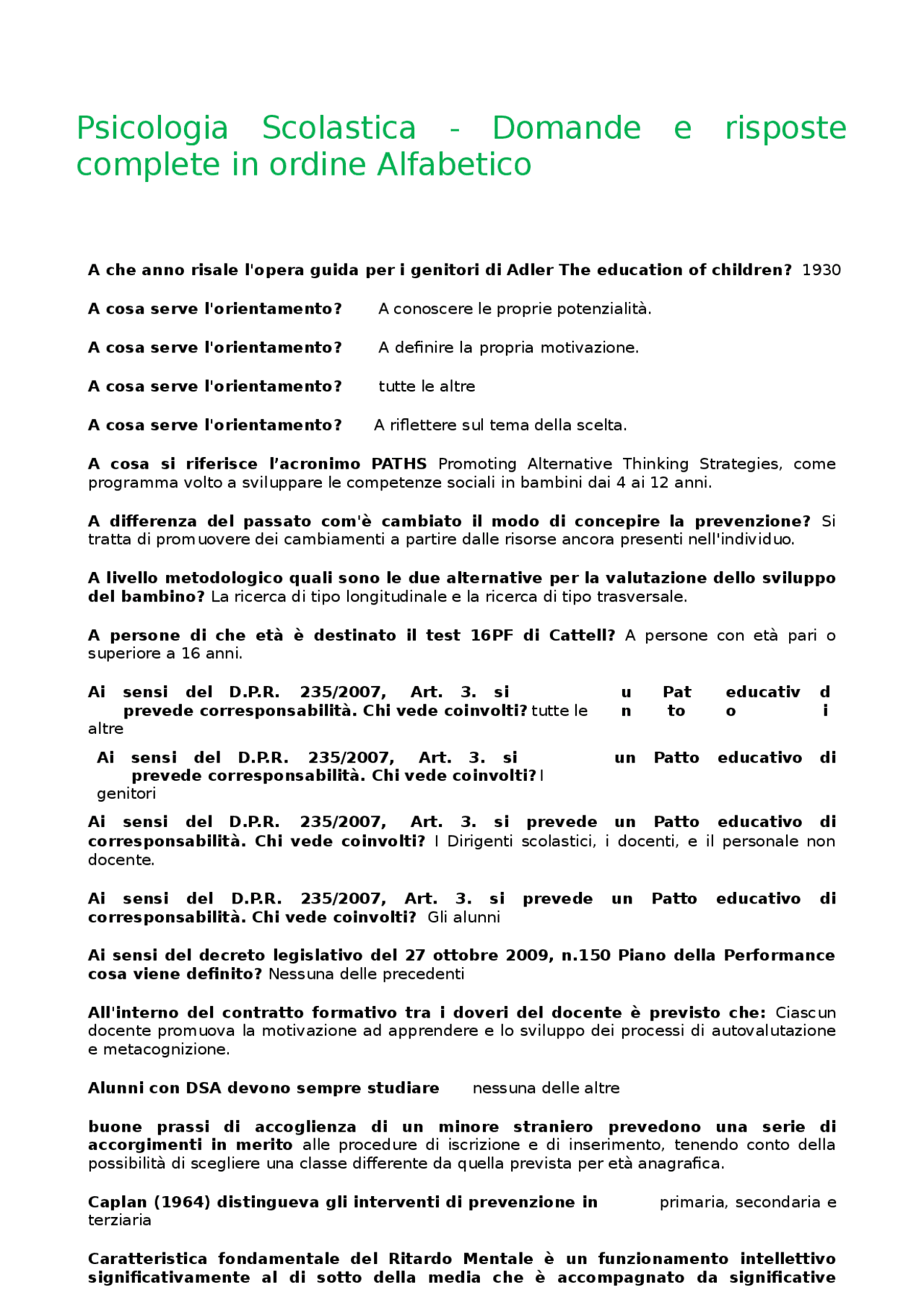 Psicologia Scolastica Domande E Risposte Complete In Ordine