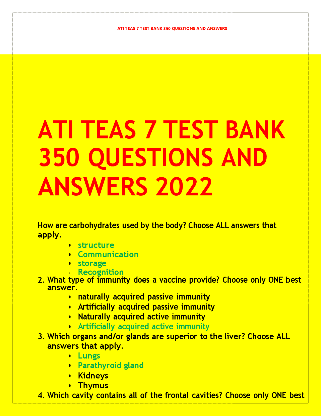 ATI TEAS 7 TEST BANK 350 QUESTIONS AND ANSWERS 2022 GRADED A | Exams ...