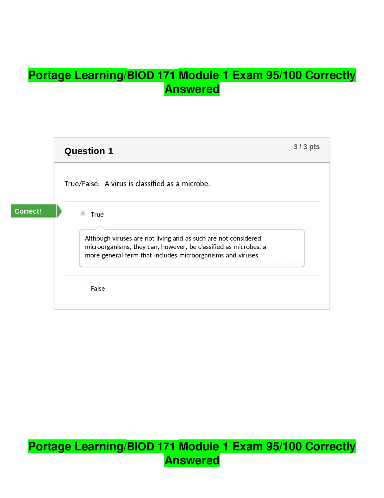 Portage Learning/BIOD 171 Module 1 Exam 95/100 Correctly Answered ...