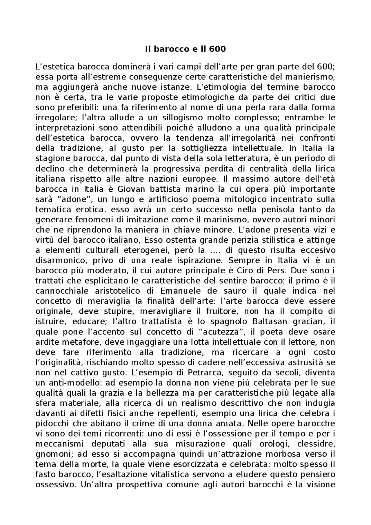 Il barocco e il seicento | Appunti di Italiano | Docsity