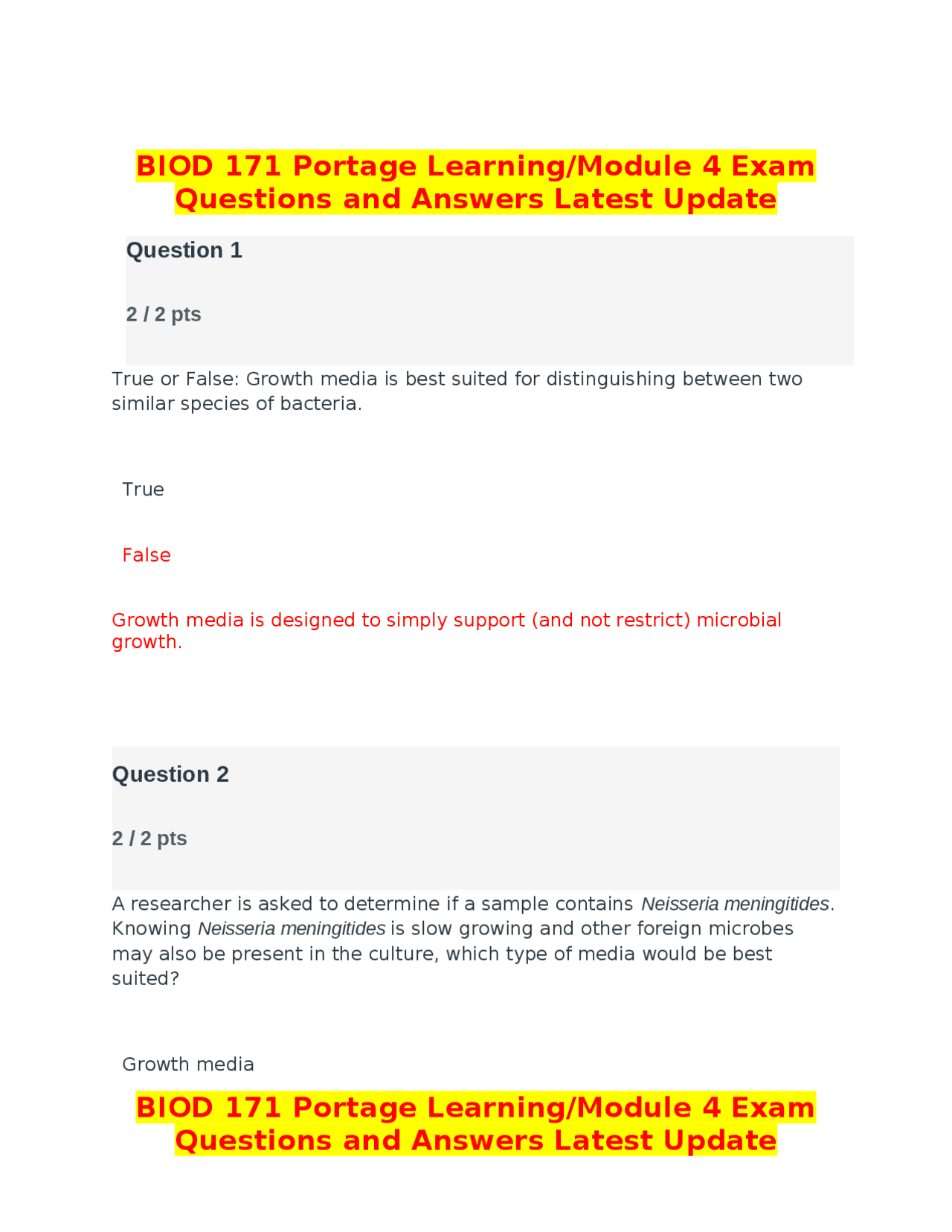 BIOD 171 Portage Learning/Module 4 Exam Questions and Answers Latest ...