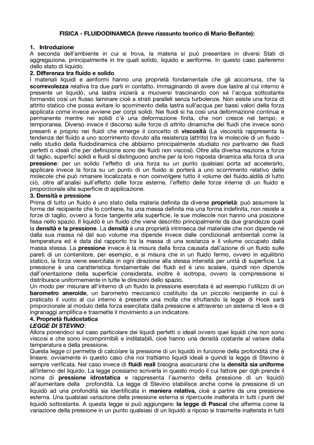 Fluidodinamica Riassunto Sintesi Del Corso Di Fisica Docsity