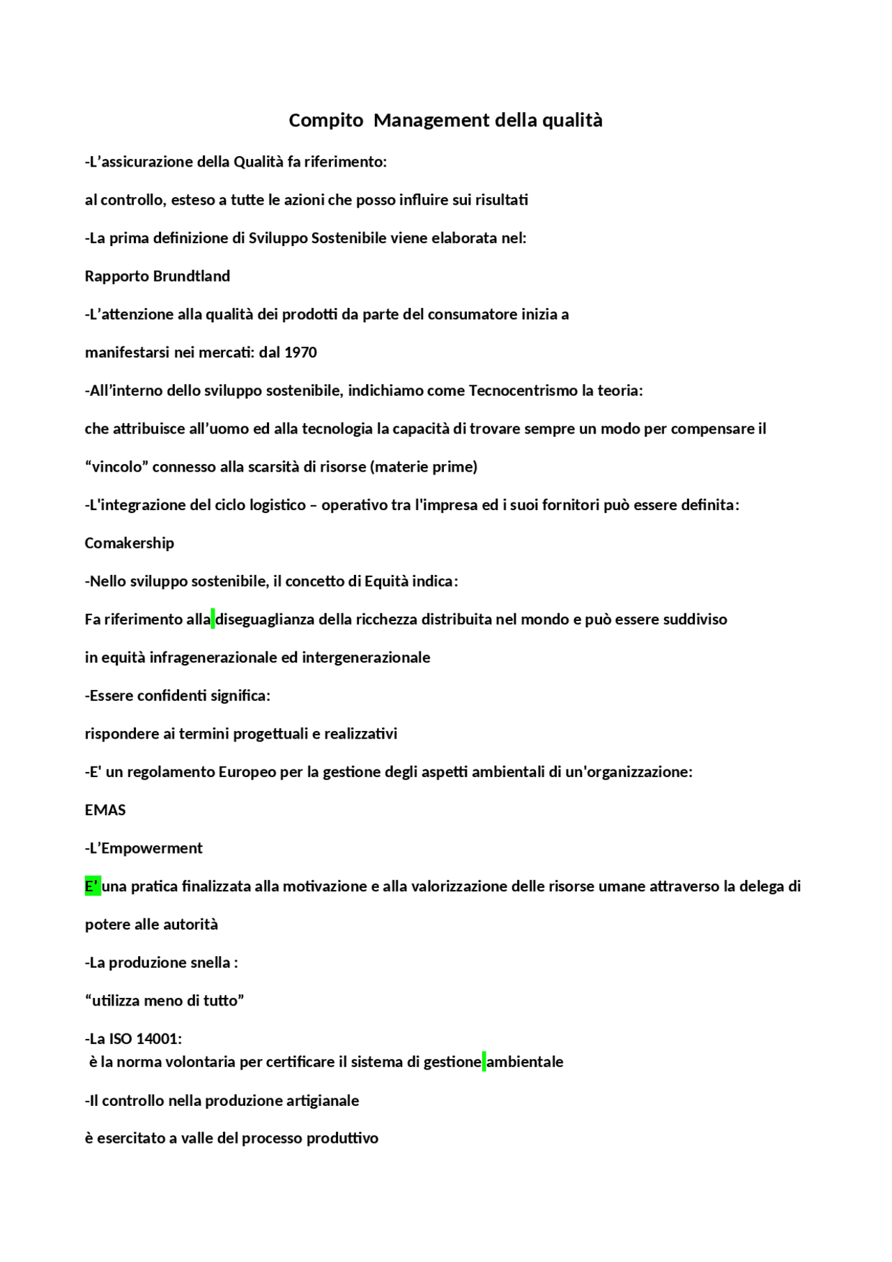 Management Della Qualità Compito Esame Prove Desame Di Management
