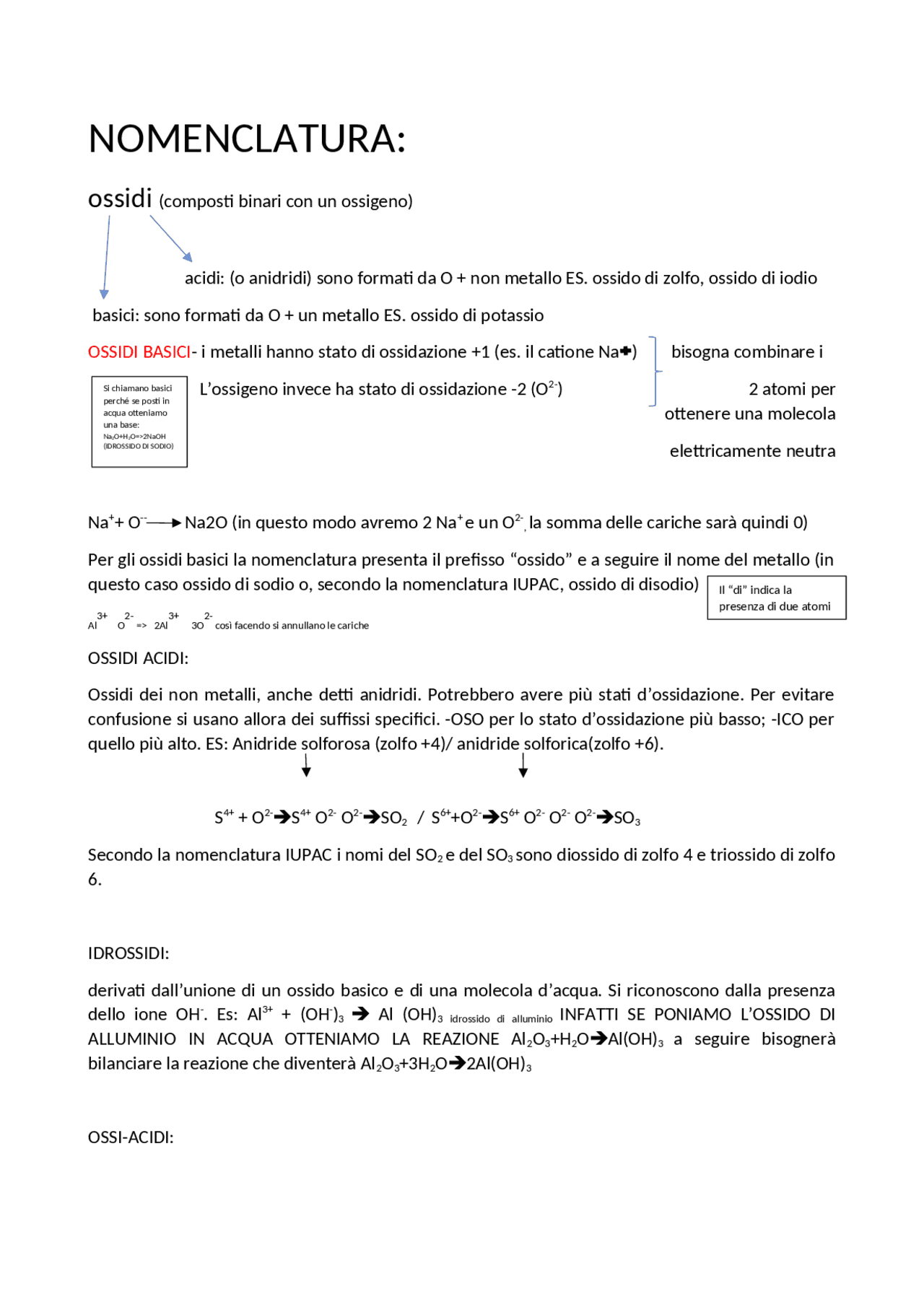 NOMENCLATURA di ossidi, idrossidi, ossiacidi, idracidi | Appunti di Chimica | Docsity