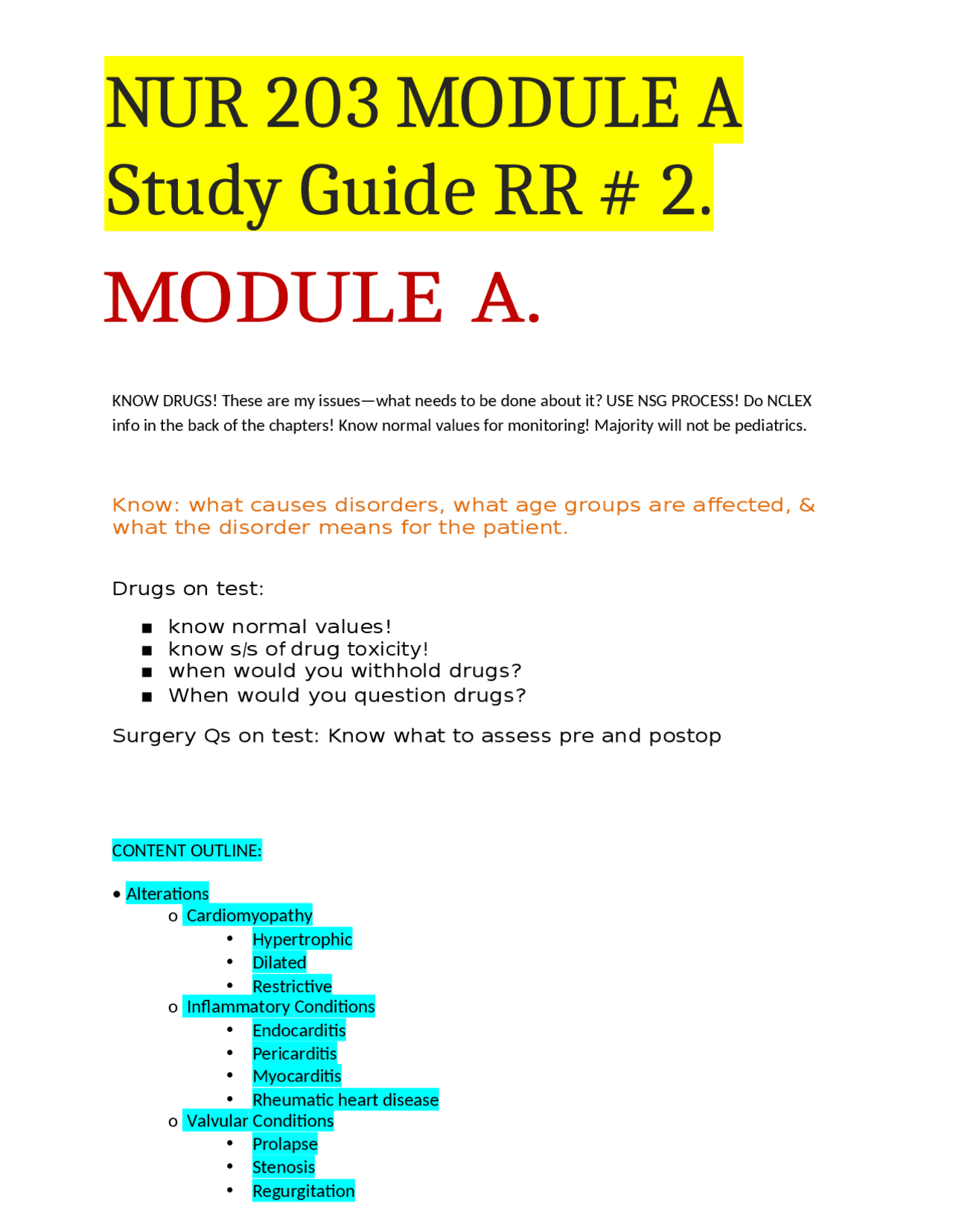 NUR 203 MODULE A Study Guide RR # 2. | Exams Nursing | Docsity