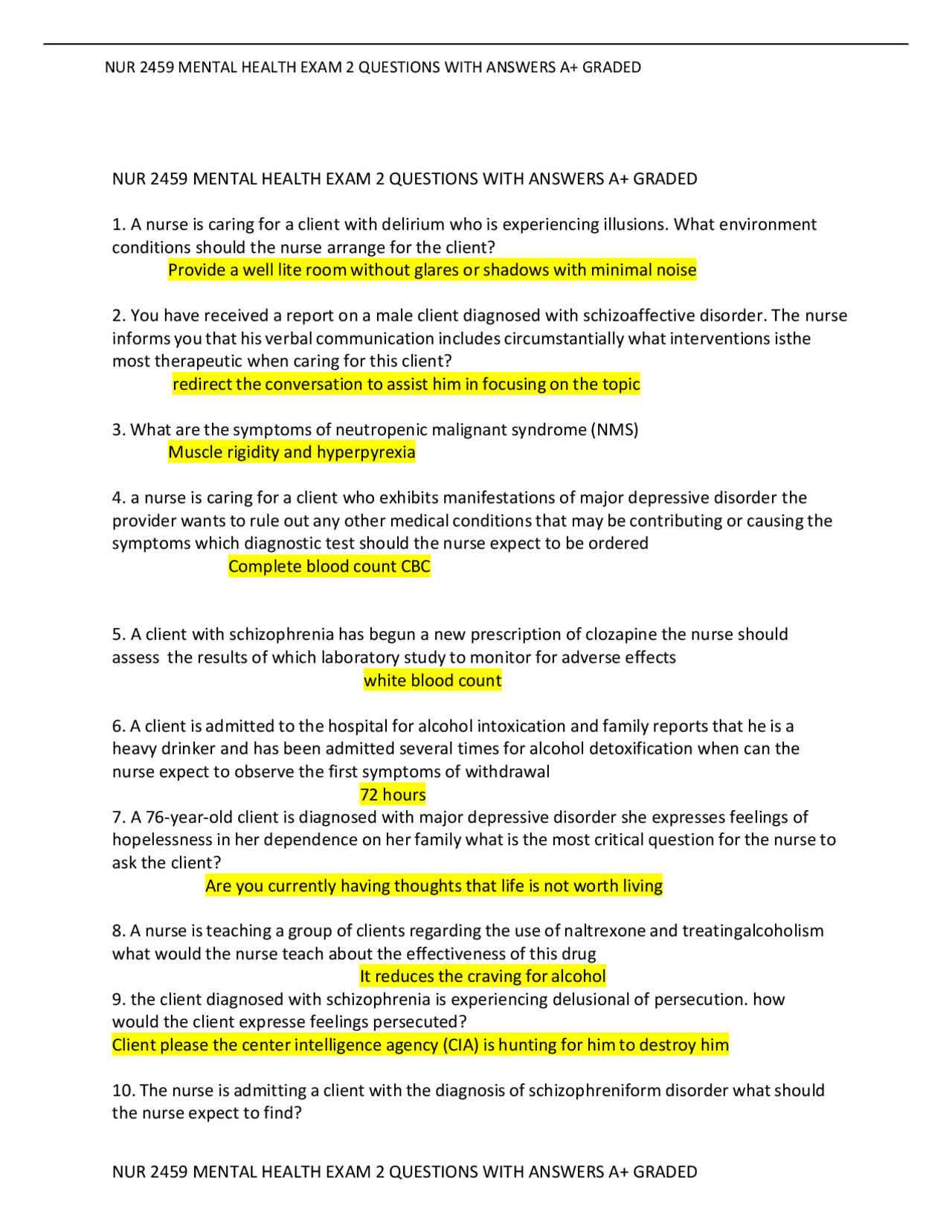 NUR 2459 MENTAL HEALTH EXAM 2 QUESTIONS WITH ANSWERS A+ GRADED | Exams ...
