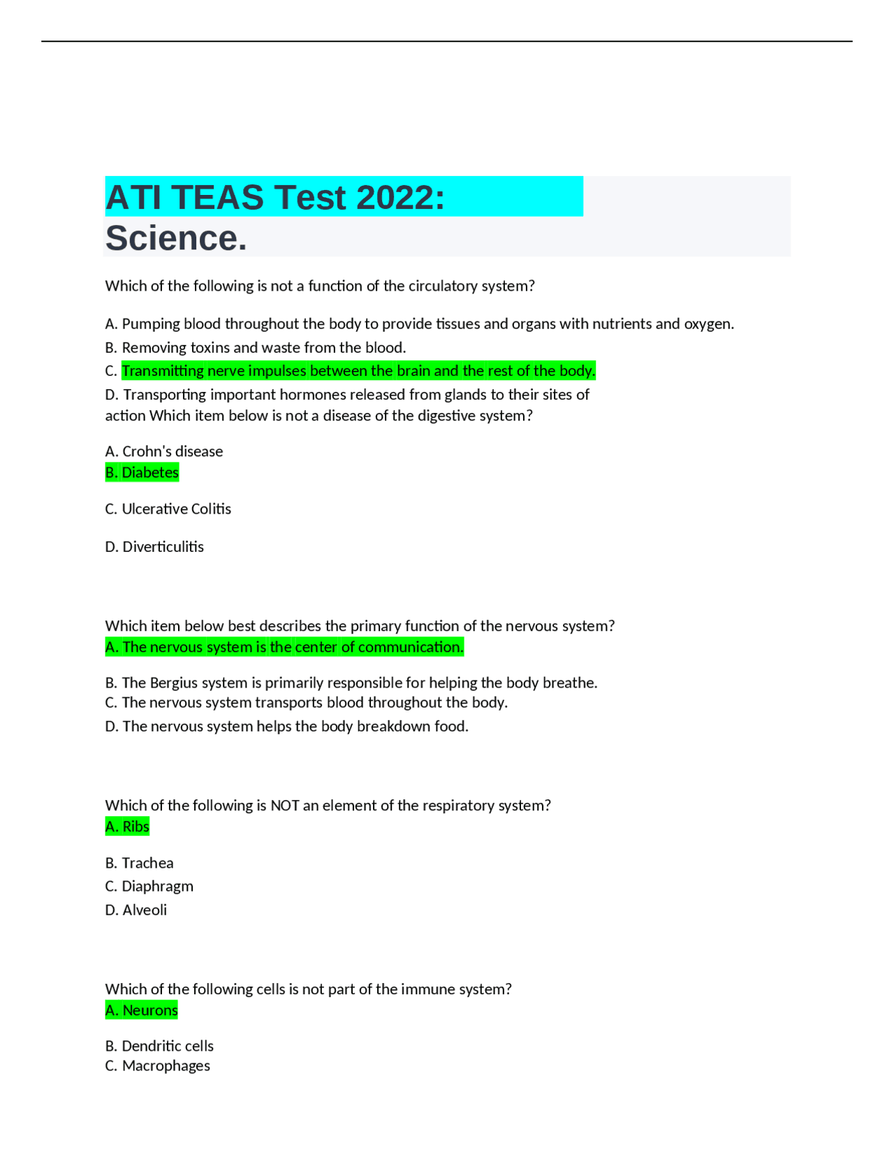 Ati Teas Test 2022 Science Exams Nursing Docsity