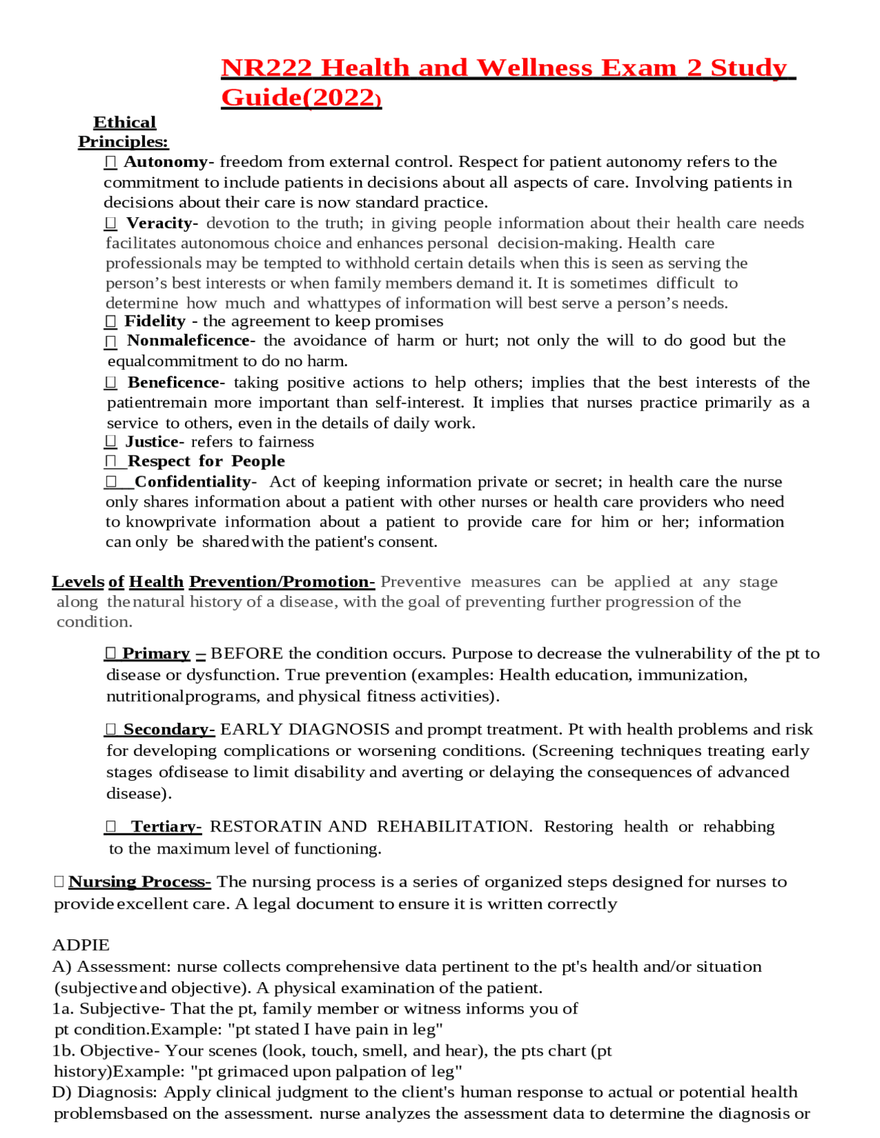 NR222 Health and Wellness Exam 2 Study Guide(2022) | Exams Nursing - Docsity
