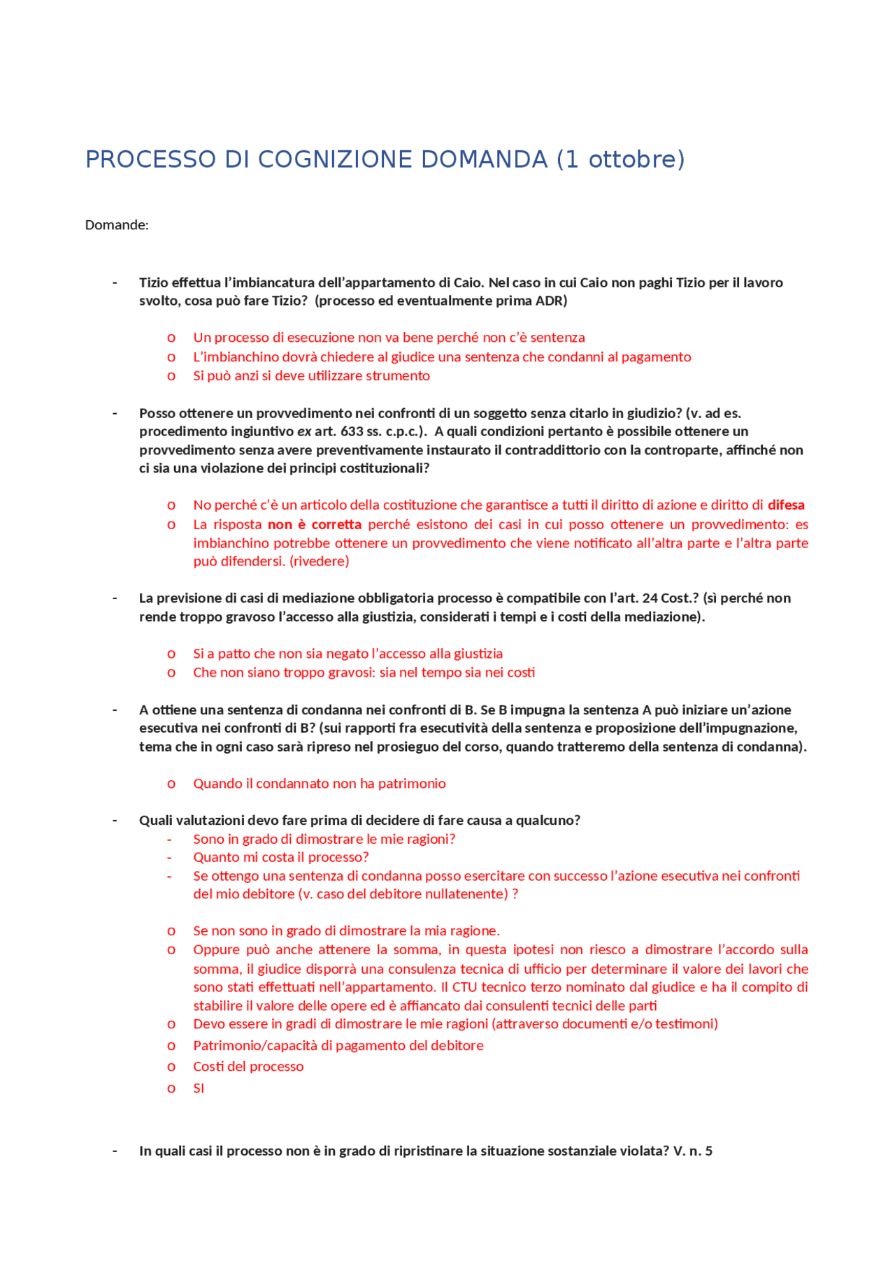 Esercitazioni in classe | Esercizi di Diritto Processuale Civile | Docsity