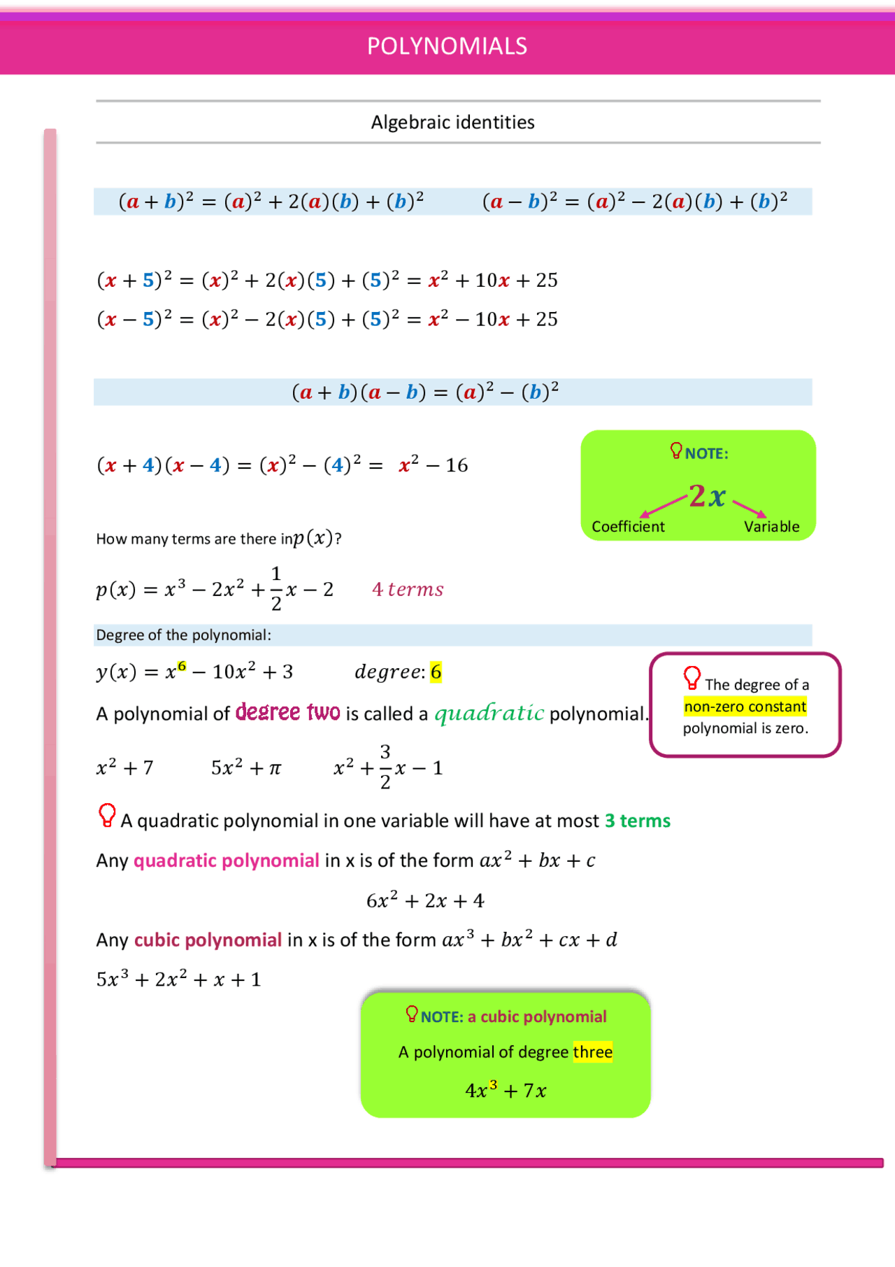 Polynomial notes and examples | Study notes Mathematics - Docsity