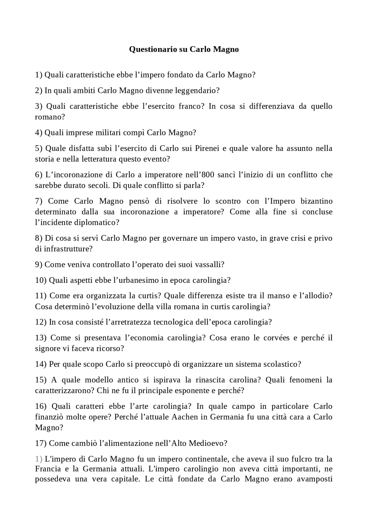 Questionario Su Carlo Magno Esercizi Di Storia Docsity