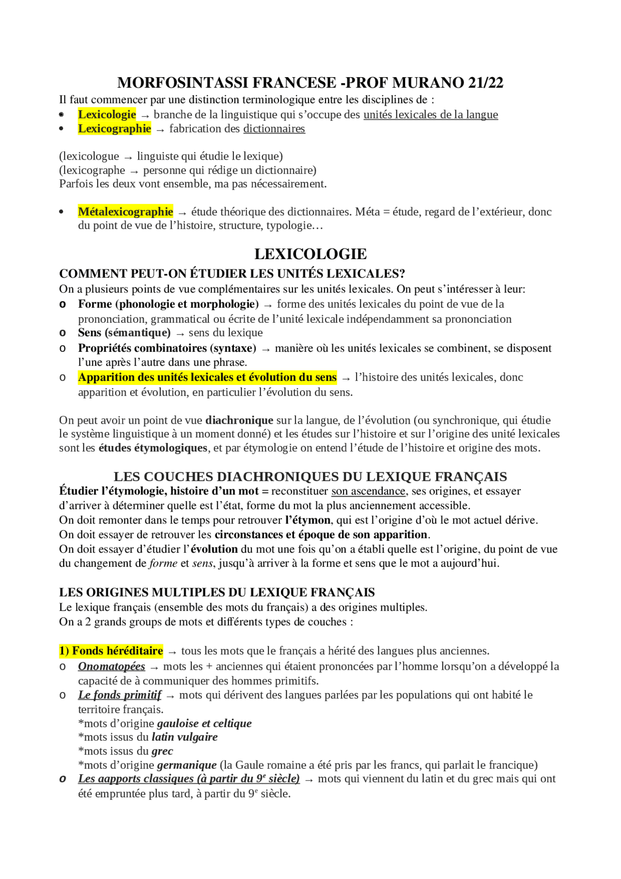 Morfosintassi Francese 2 Lexicologie Appunti 1º Semestre Prof Murano