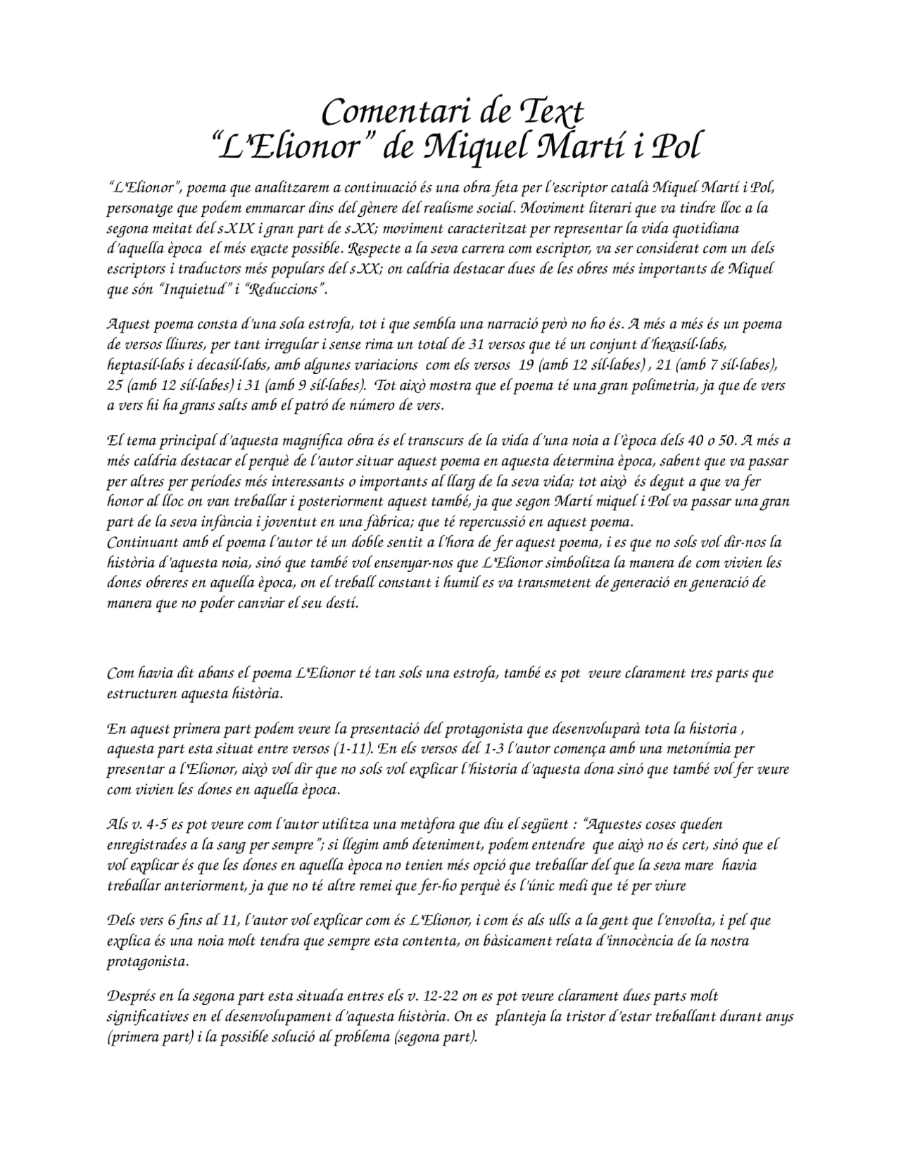 Lelionor Comentari De Text Catalan Resúmenes De Catalán Docsity