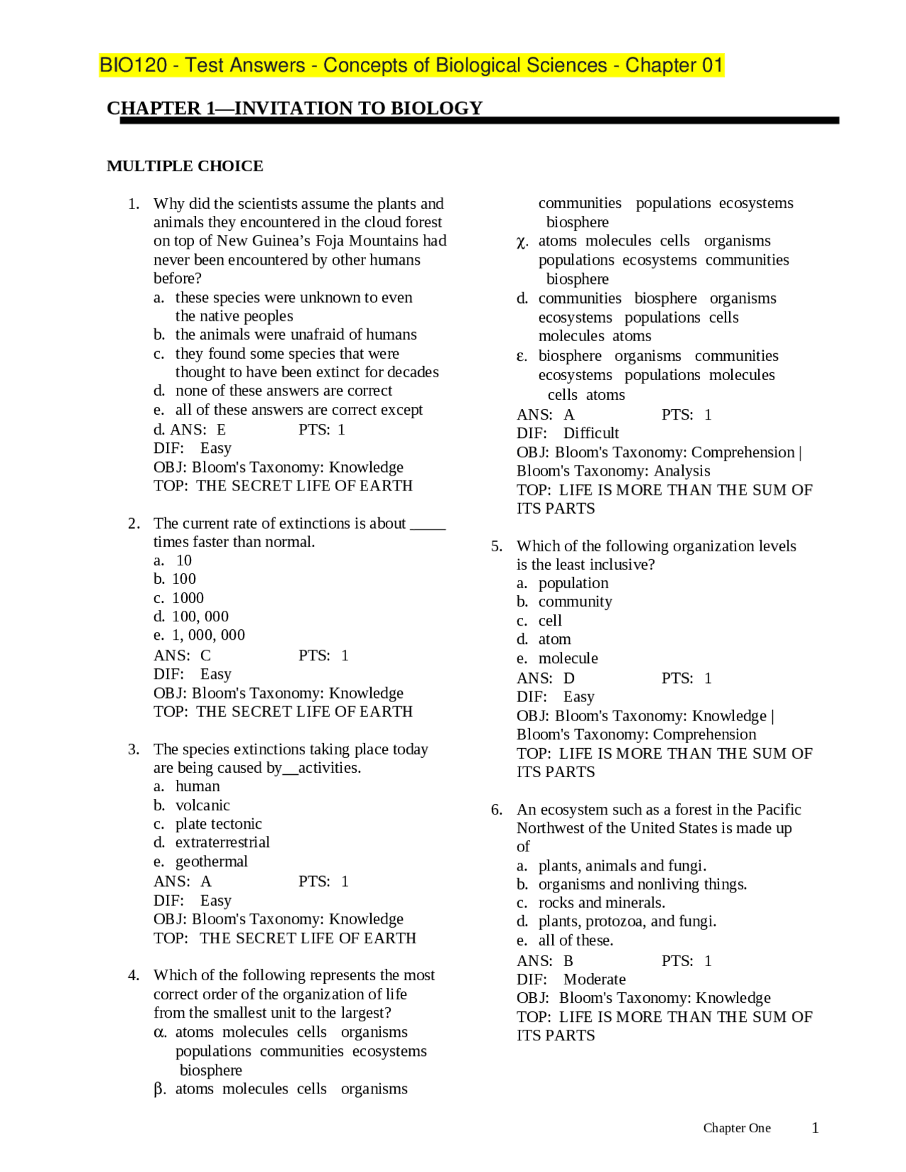 BIO120 - Test Answers - Concepts of Biological Sciences - Chapter 01 ...