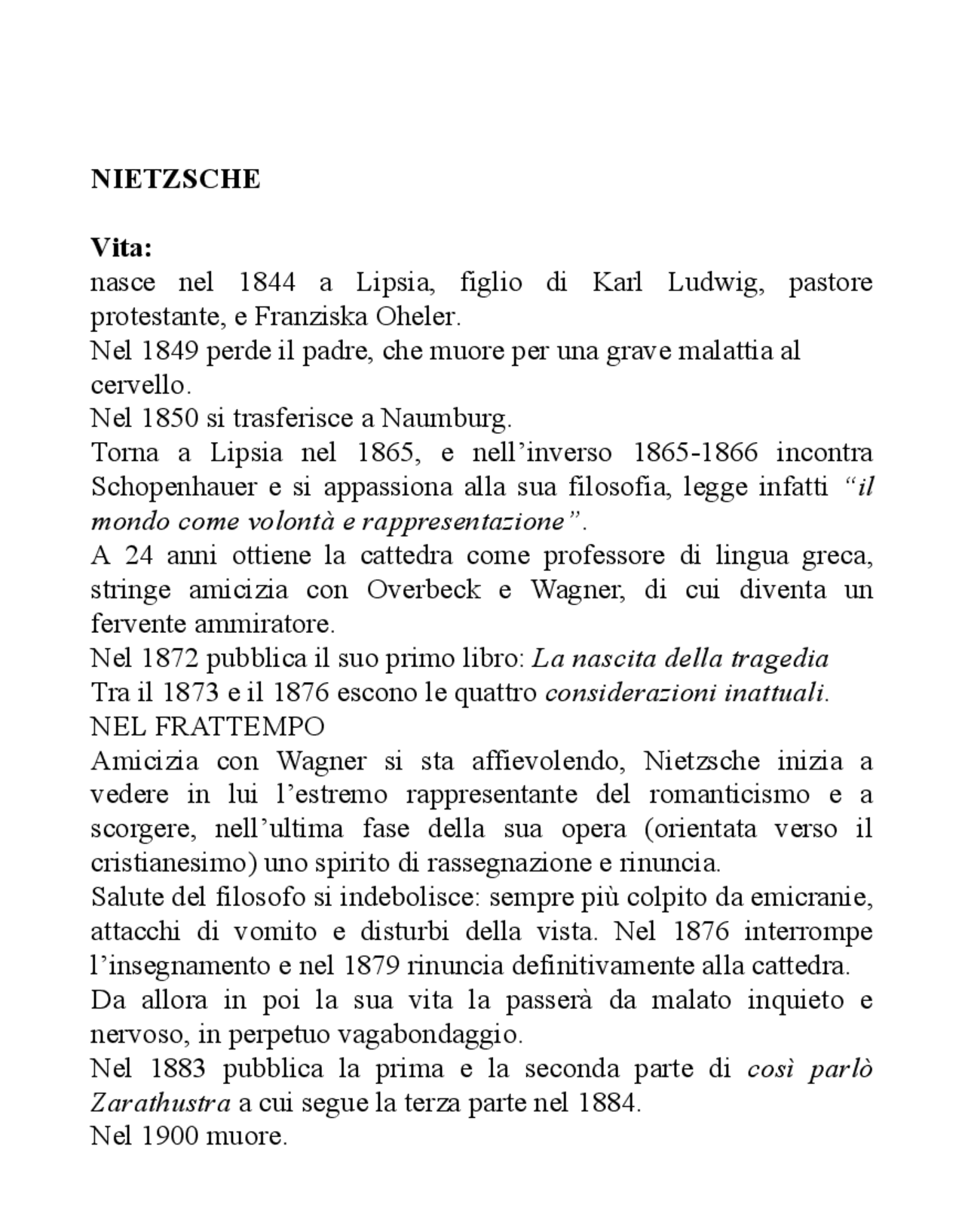 Nietzsche Vita E Opere Dispense Di Filosofia Docsity