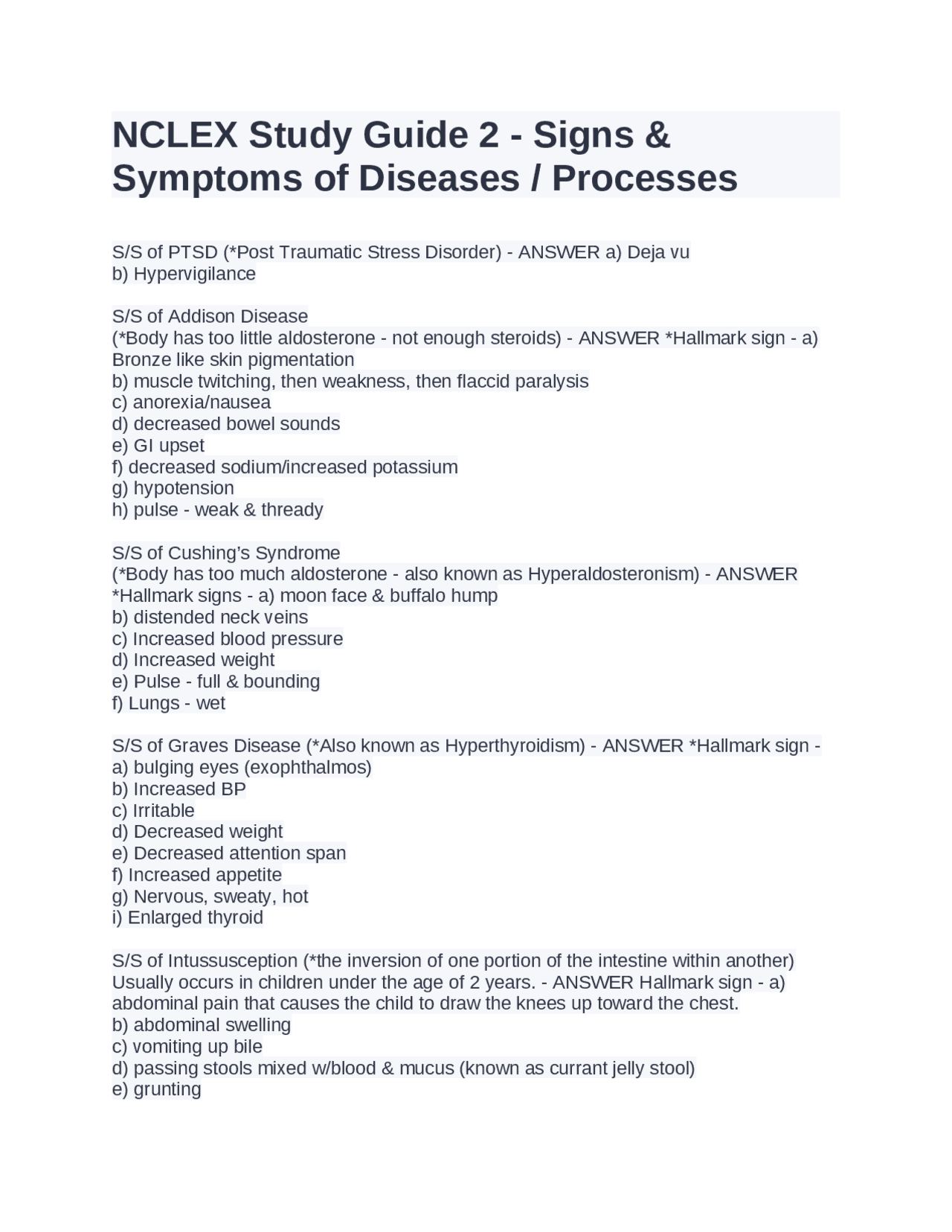 NCLEX Study Guide 2 - Signs & Symptoms of Diseases / Processes | Study ...