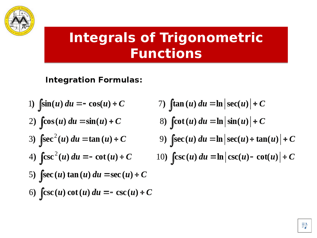 Integrals Of Trigonometric Functions Lecture Notes Engineering