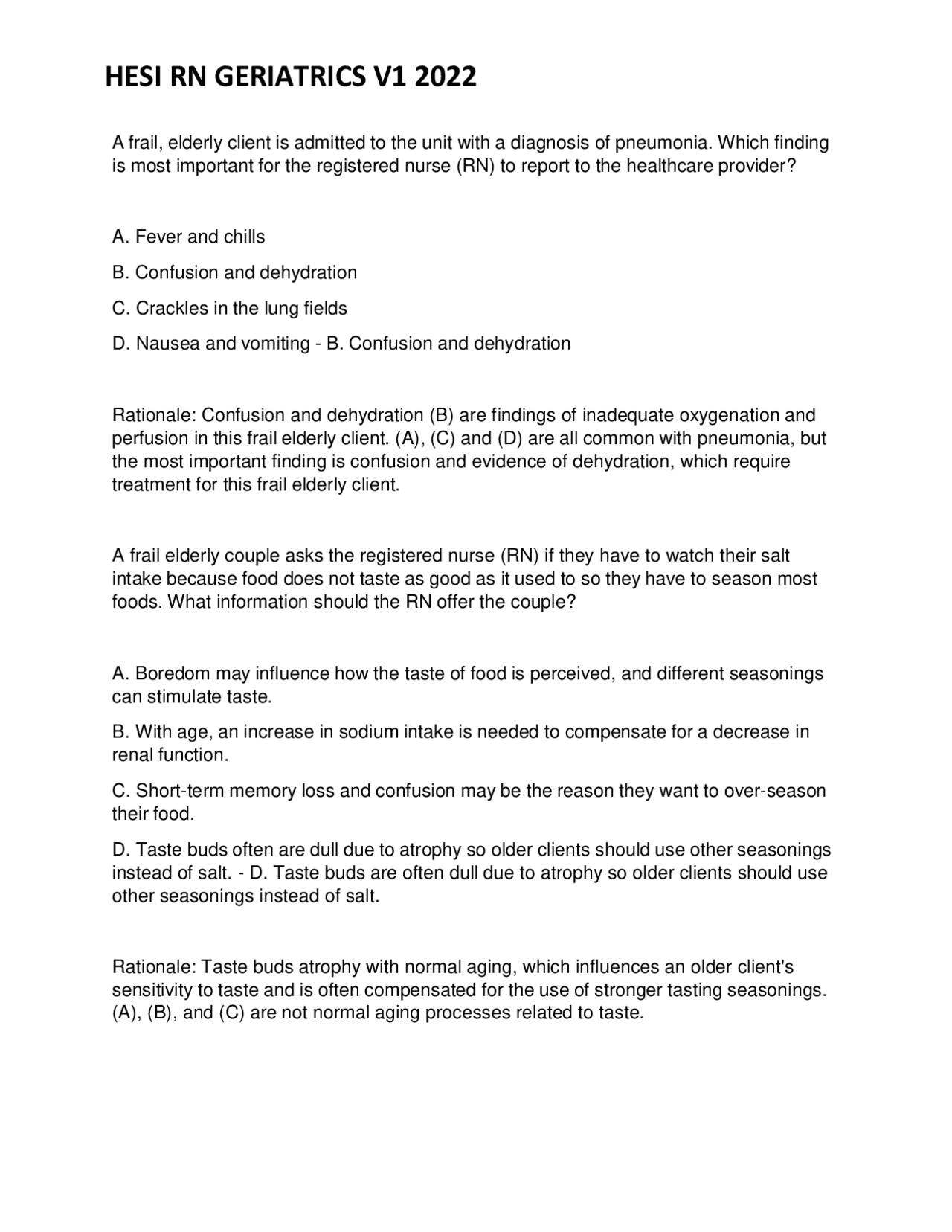 HESI RN GERIATRICS V1 2022 | Exams Nursing | Docsity