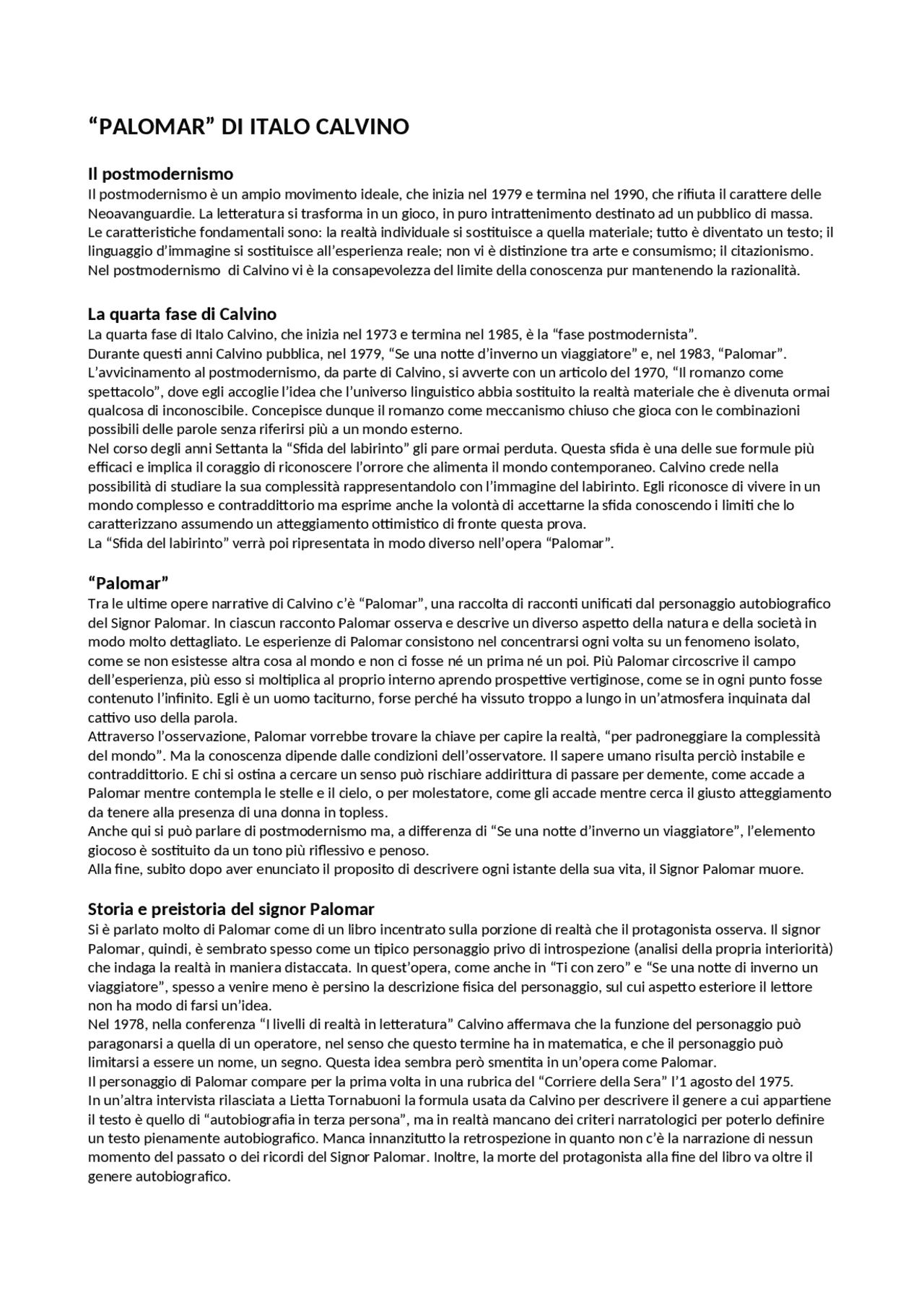Il postmodernismo e Palomar di Italo Calvino | Appunti di Italiano | Docsity