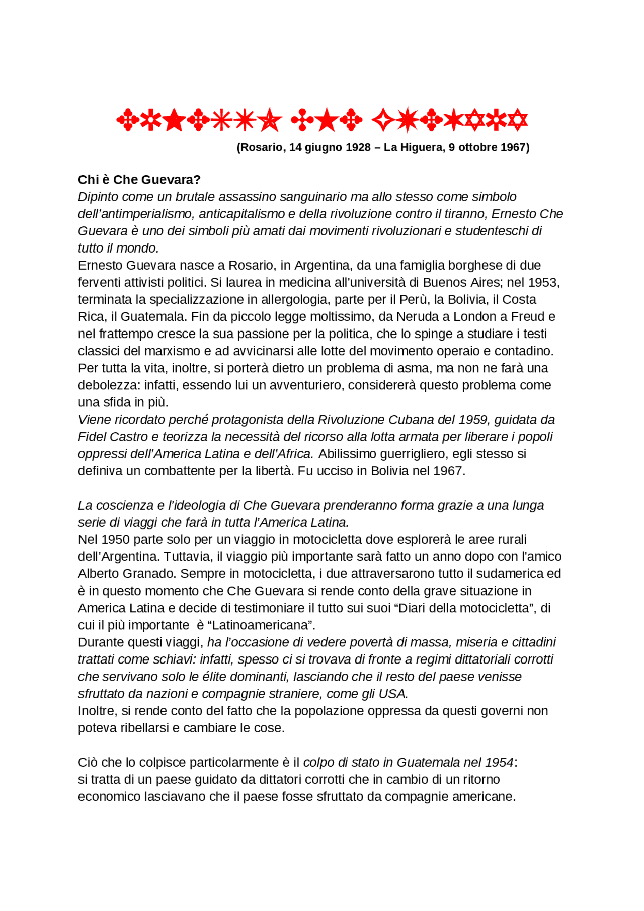 Che Guevara- in breve | Schemi e mappe concettuali di Storia | Docsity