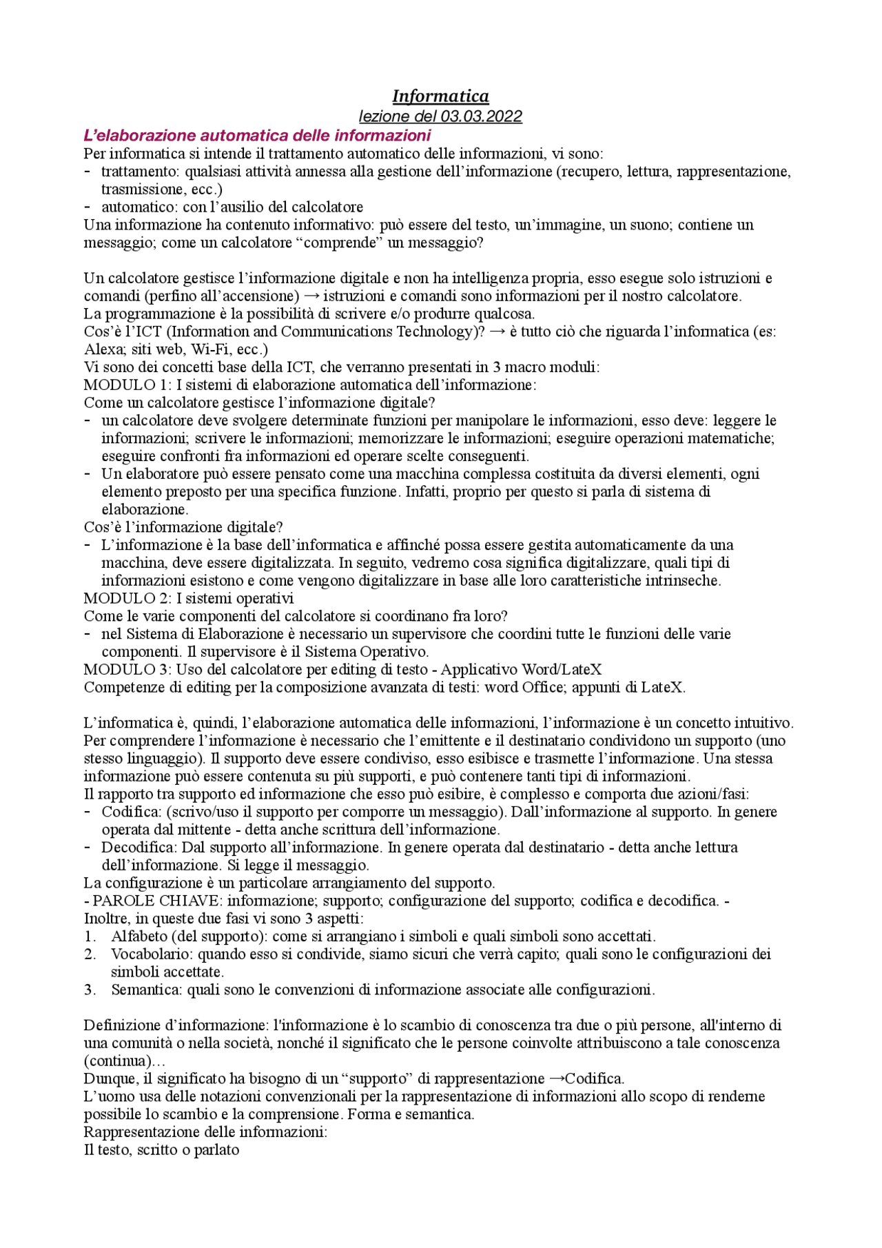 Appunti Di Informatica 2021 2022 Appunti Di Elementi Di Informatica