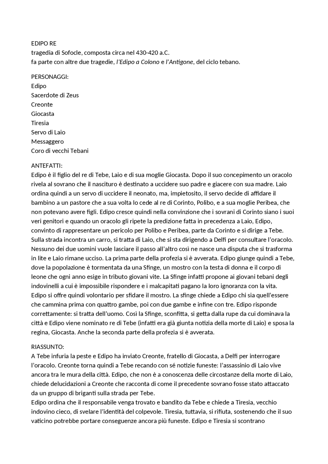 Edipo Re di Sofocle, riassunto | Summaries Ancient Greek | Docsity