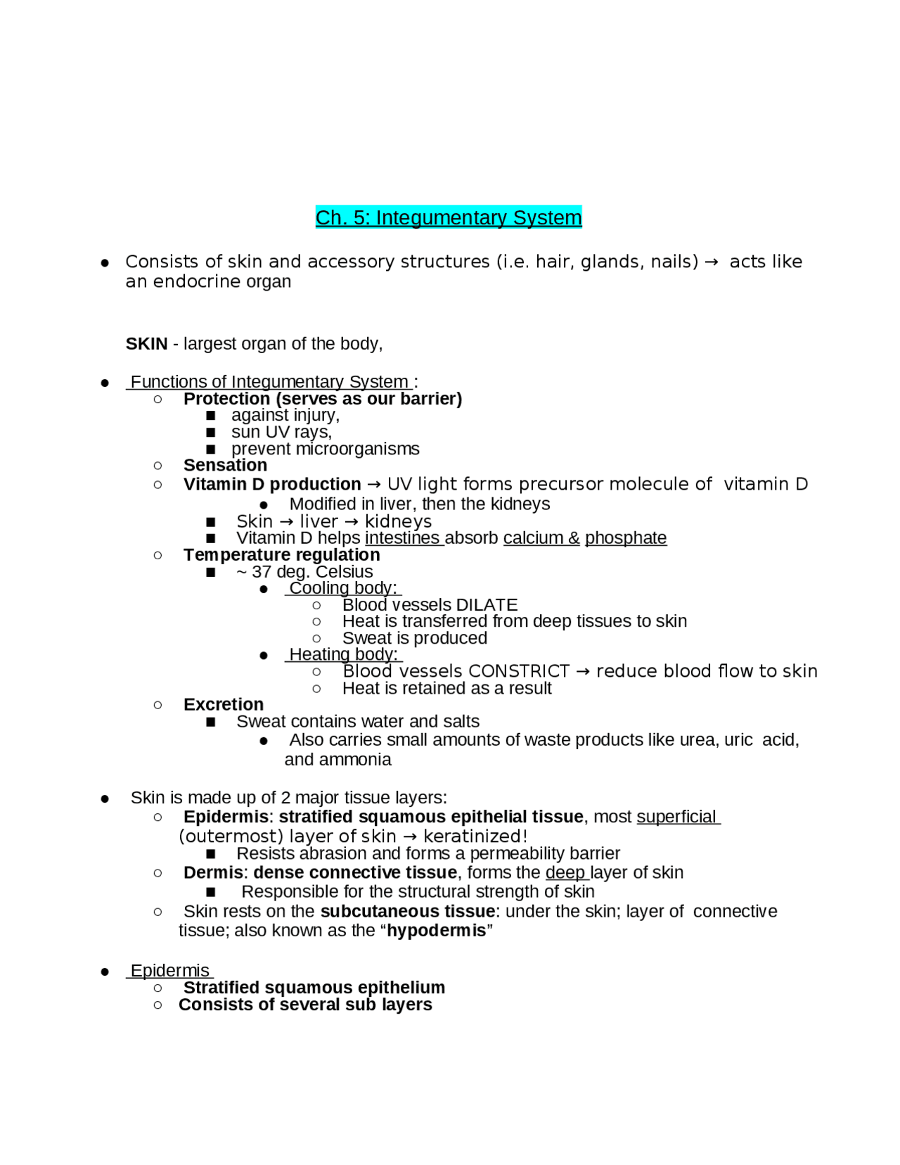 Integumentary system Notes | Study notes Anatomy - Docsity