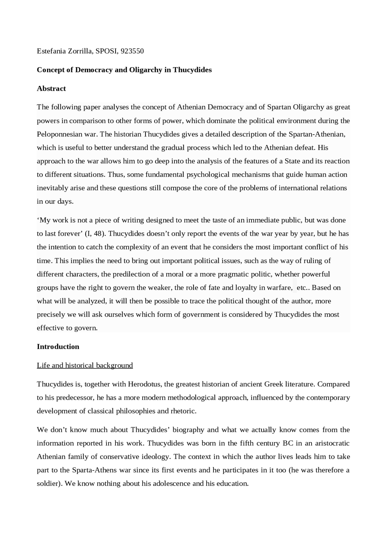 Concept of Democracy and Oligarchy in Thucydides | Prove d'esame di Filosofia Politica | Docsity