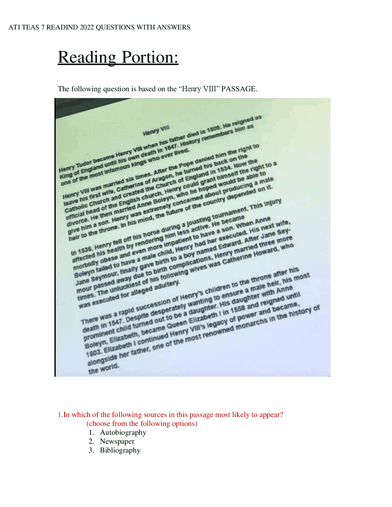 ATI TEAS 7 READING 2022 QUESTIONS WITH ANSWERS. | Exams Nursing | Docsity