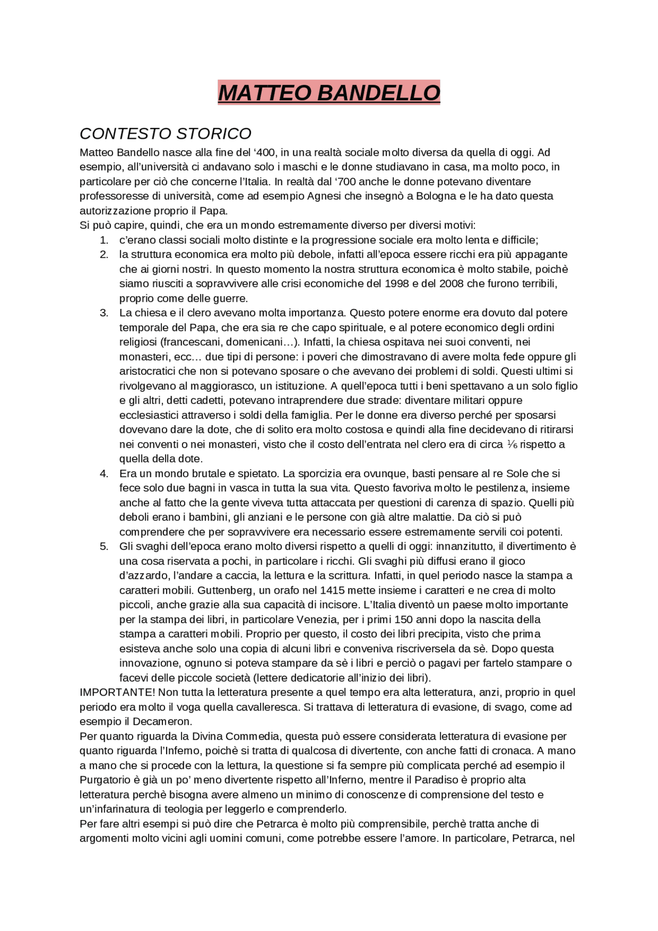 APPUNTI MATTEO BANDELLO | Appunti di Letteratura Italiana | Docsity