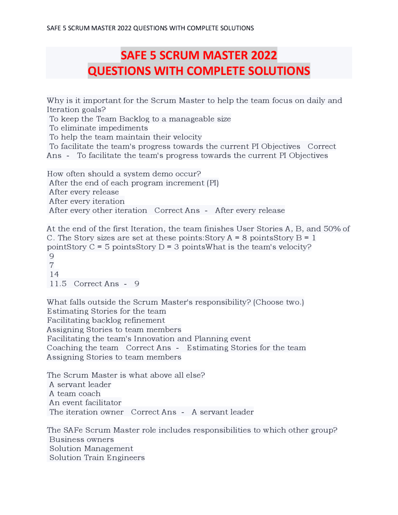 SAFE 5 SCRUM MASTER 2022 QUESTIONS WITH COMPLETE SOLUTIONS | Exams ...