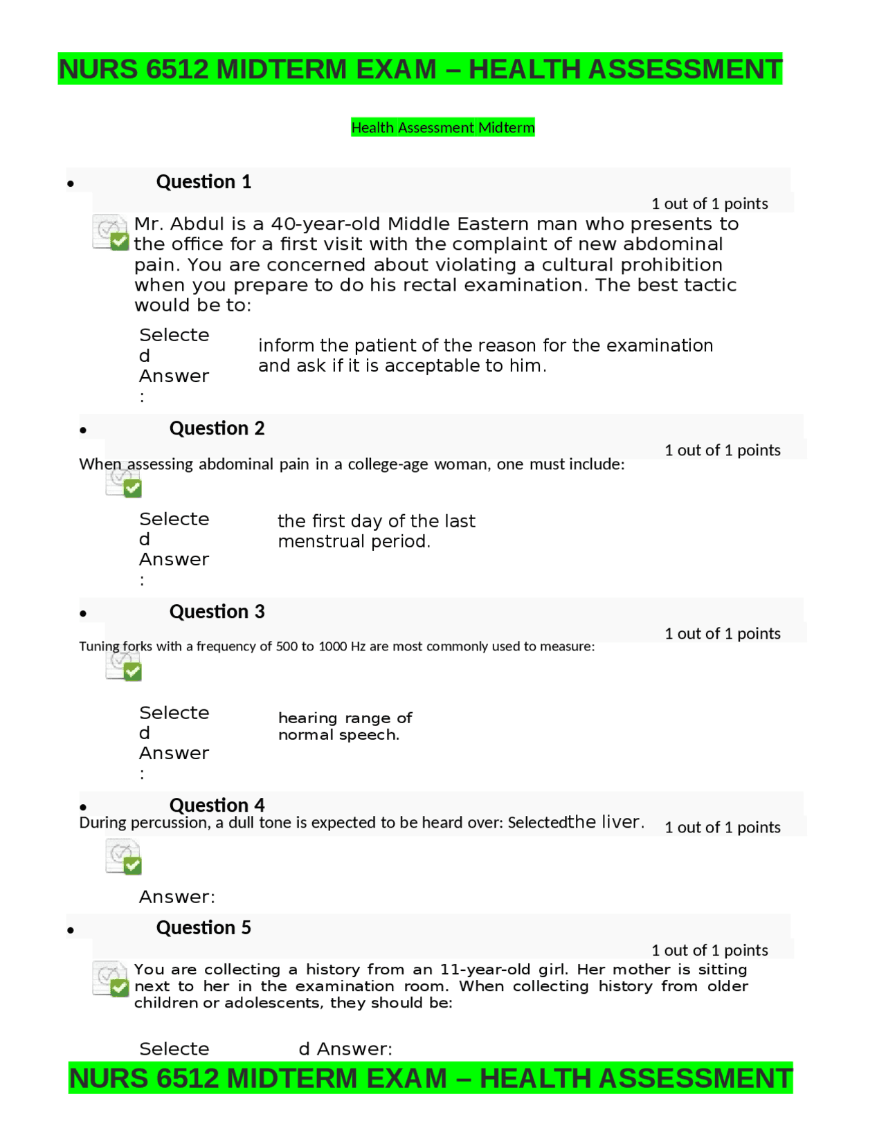 NURS 6512 MIDTERM EXAM – HEALTH ASSESSMENT | Exams Nursing - Docsity