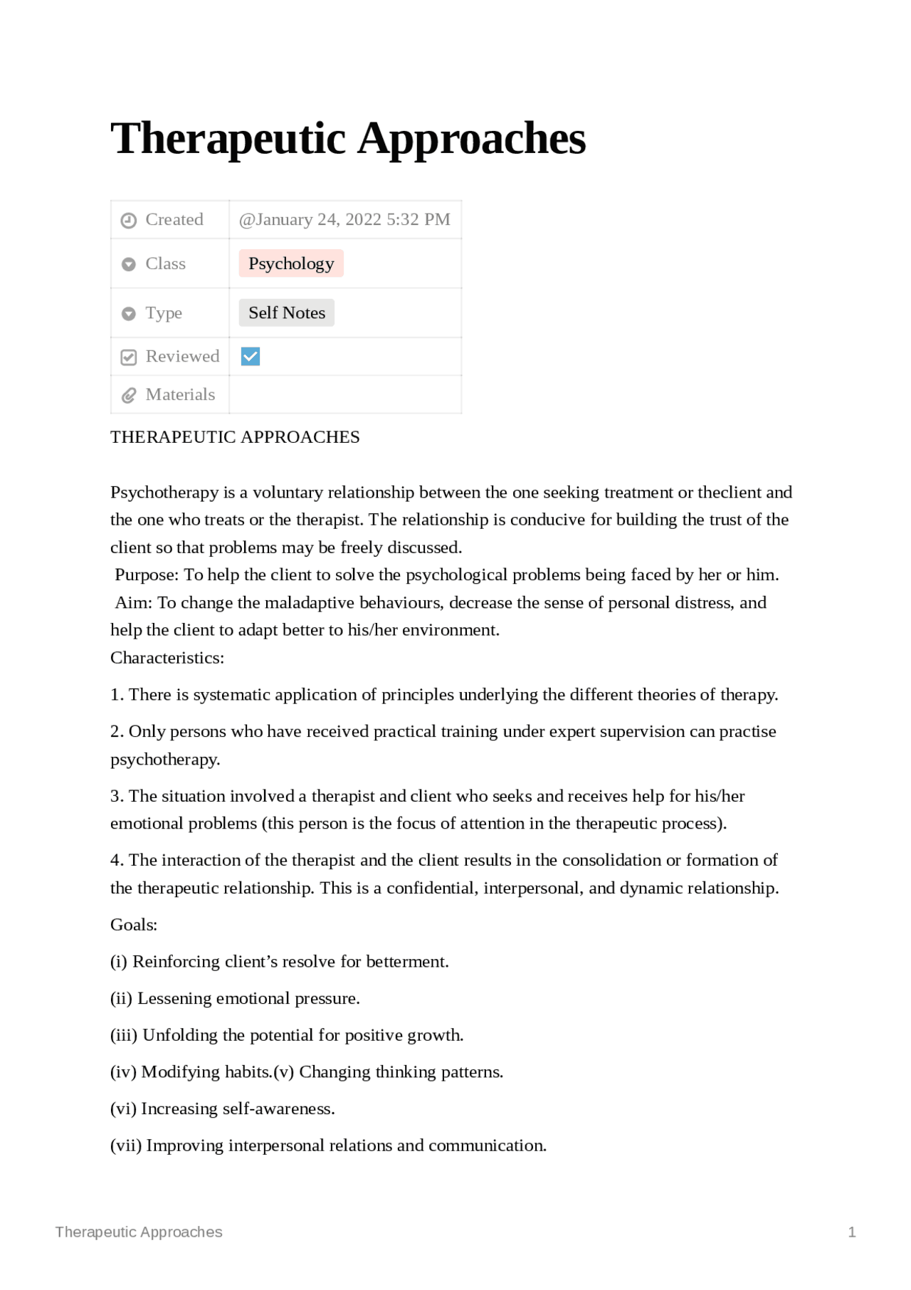 Therapeutic Approaches | Study notes Psychology | Docsity