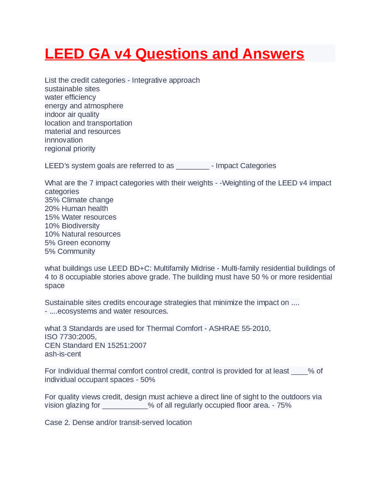 LEED GA v4 Questions and Answers. | Exams Nursing | Docsity