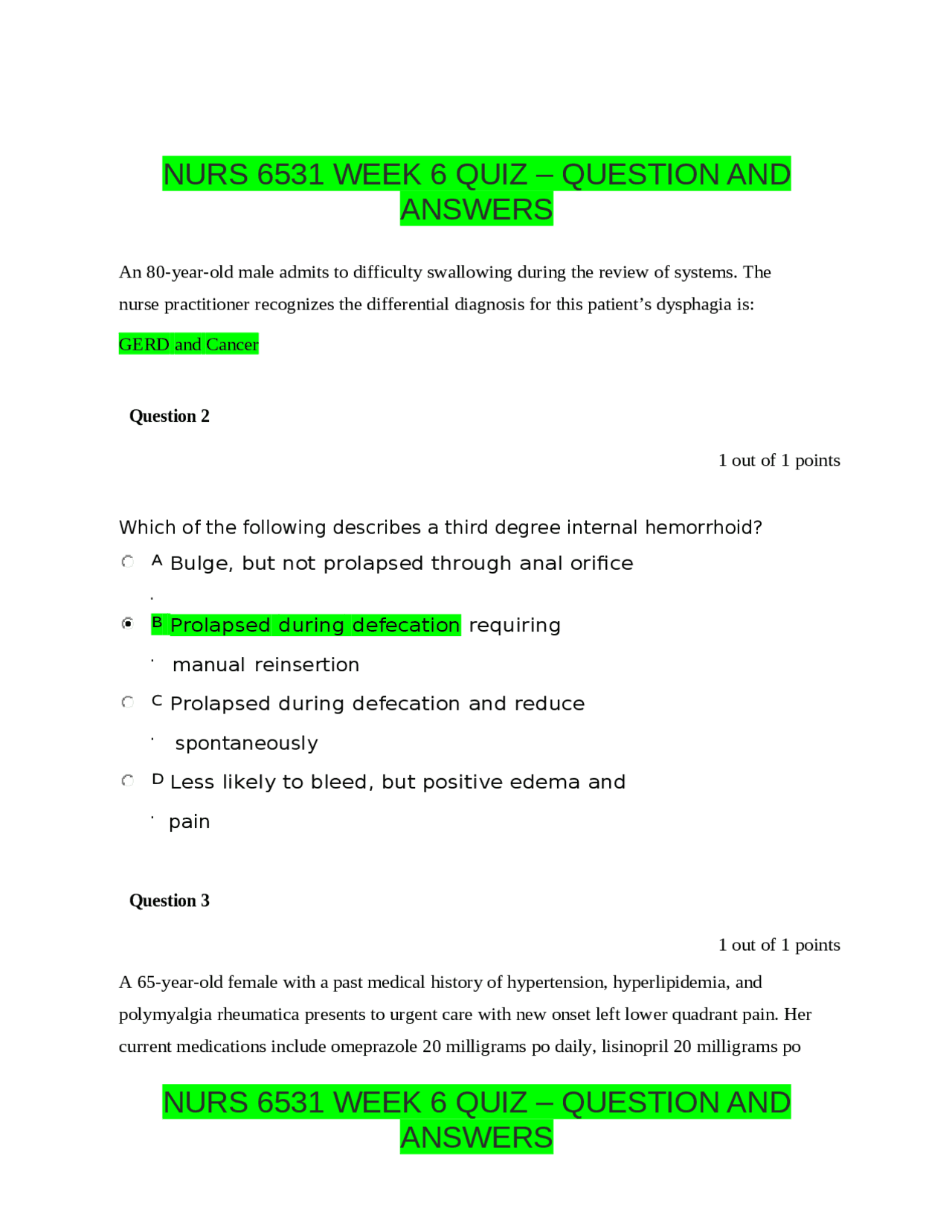Nurs 6531 Week 6 Quiz Question And Answers Exams Nursing Docsity