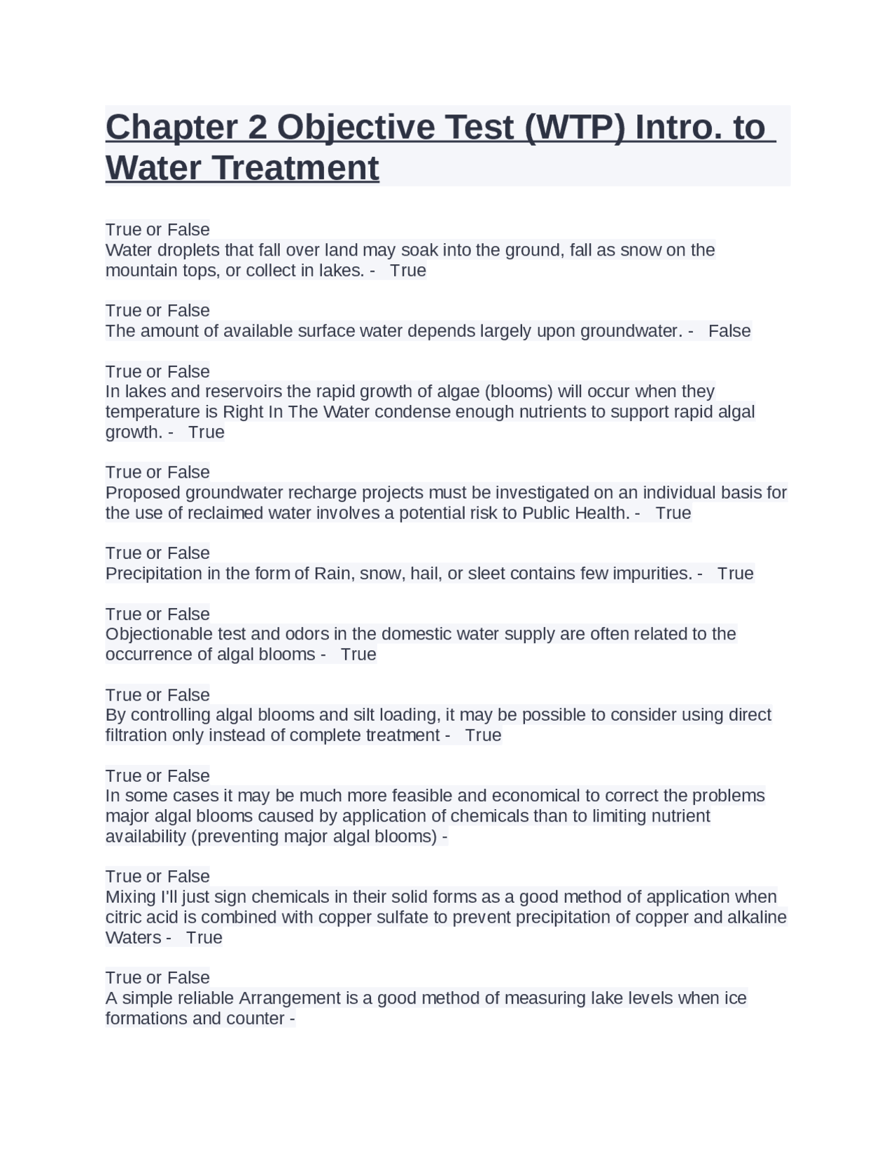 Chapter 2 Objective Test (WTP) Intro. to Water Treatment. | Exams ...