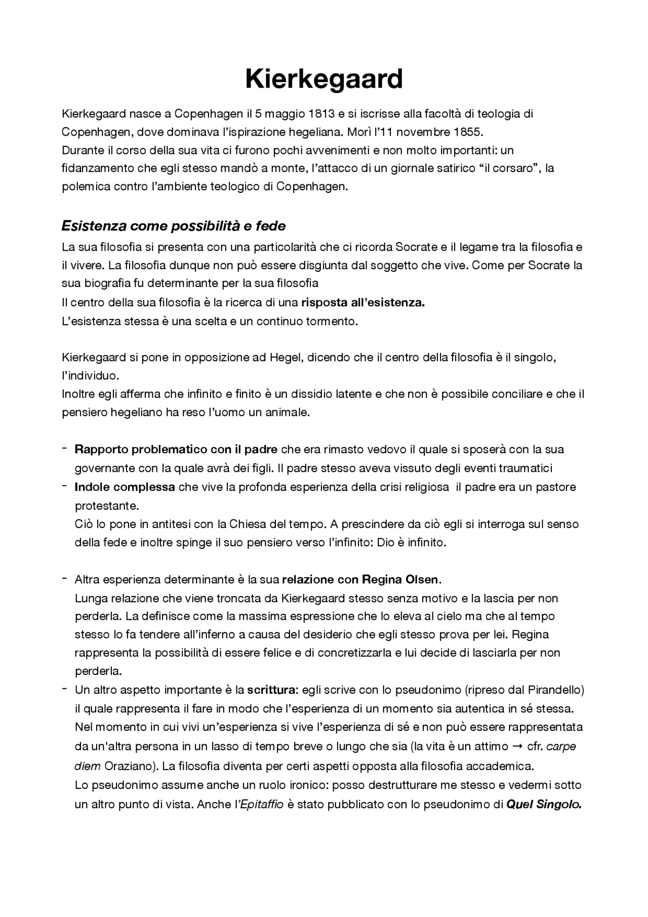 Vita Opere E Pensiero Di Kierkegaard Appunti Di Filosofia Docsity