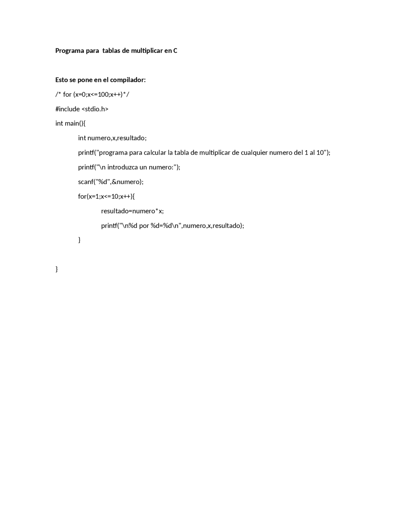 Programa para tablas de multiplicar en C | Ejercicios de Informática | Docsity