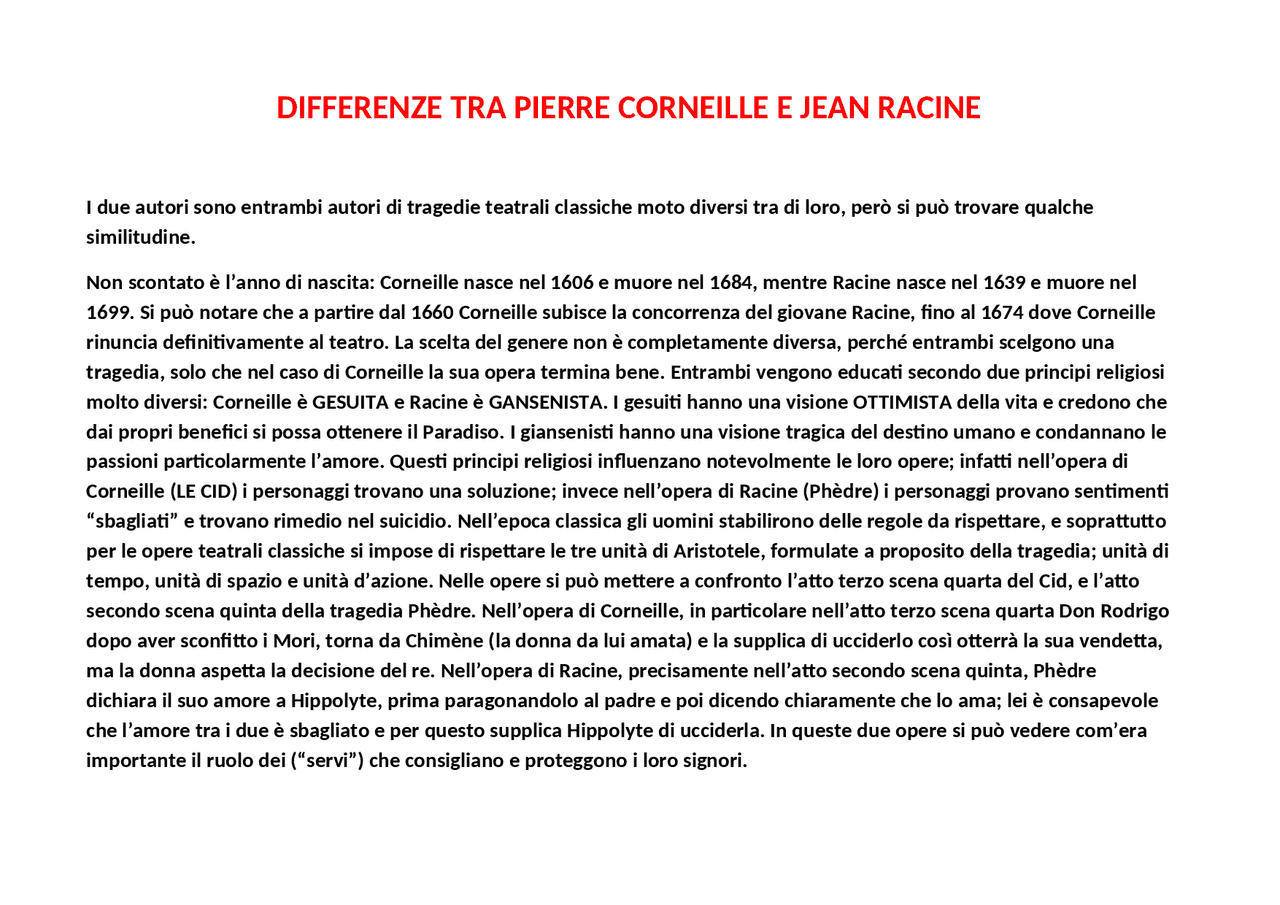 Corneille E Racine A Confronto Appunti Di Letteratura Francese Docsity