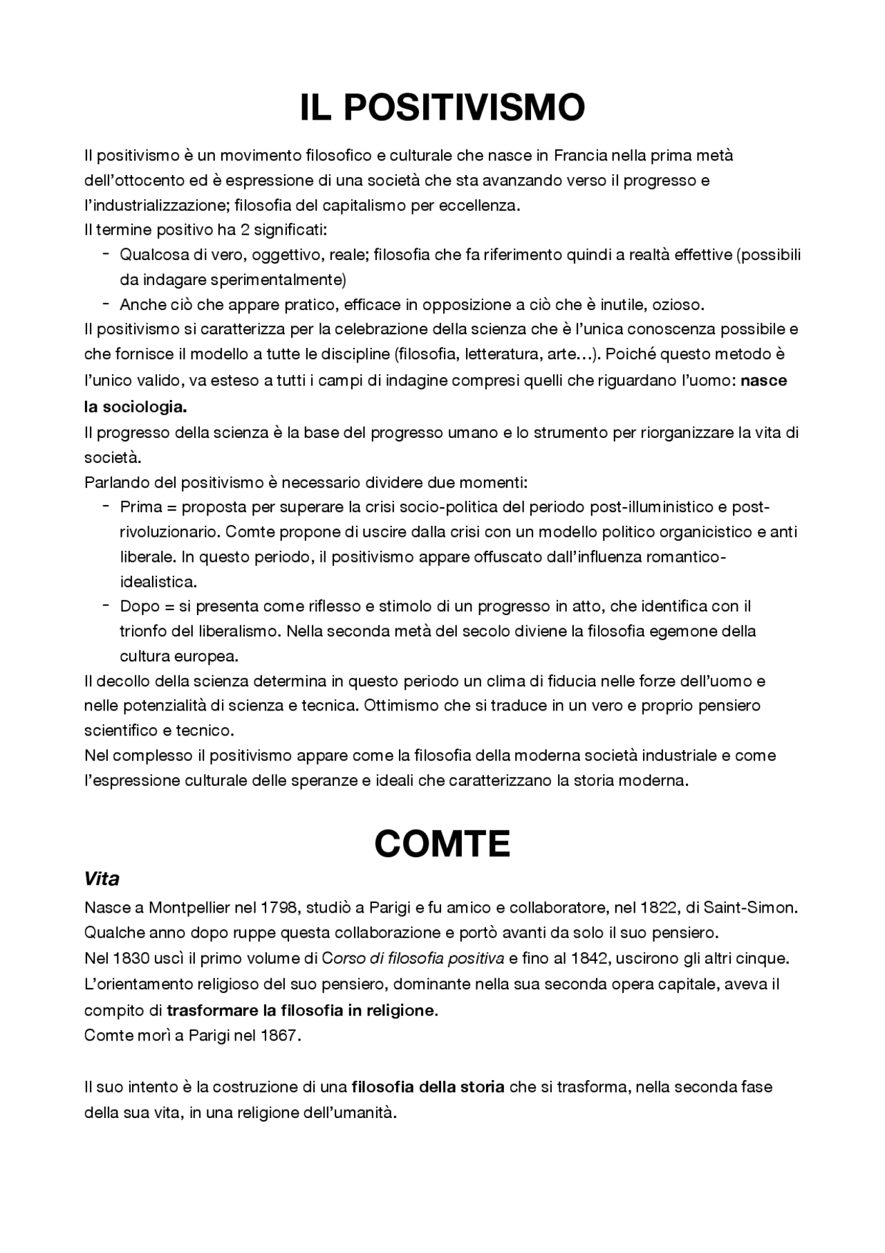 Positivismo Comte E Darwin Appunti Di Filosofia Docsity