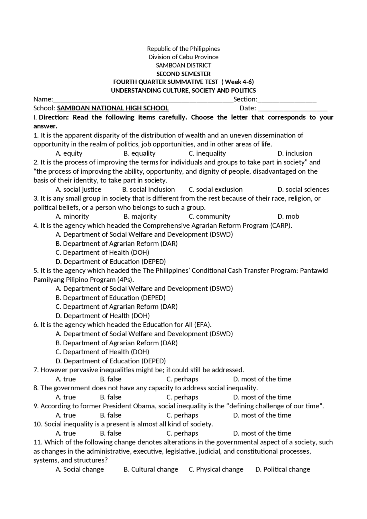 Summative Assessment In English Exams English Docsity