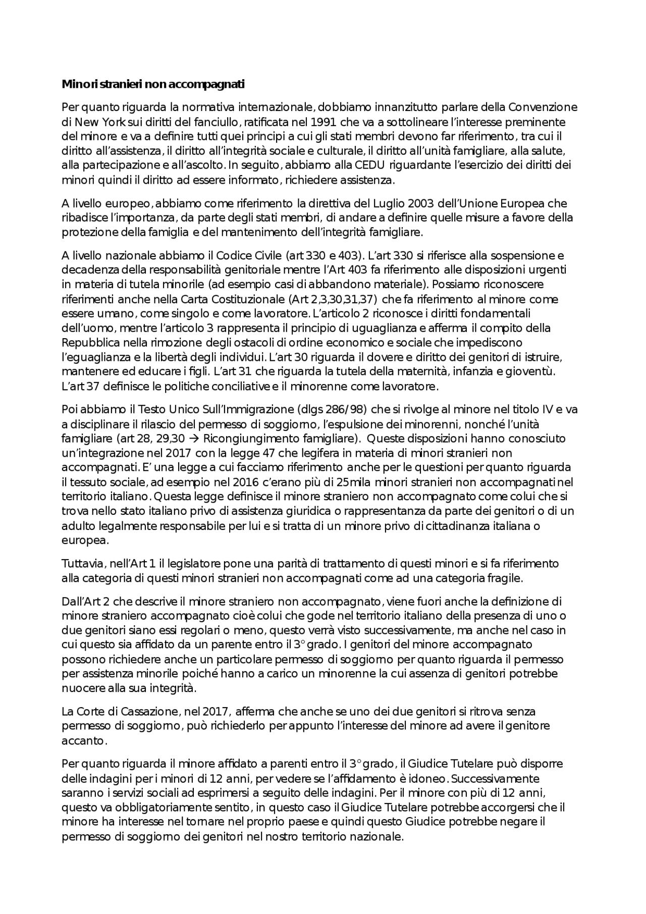 Minori Stranieri Non Accompagnati Appunti Di Diritto Internazionale