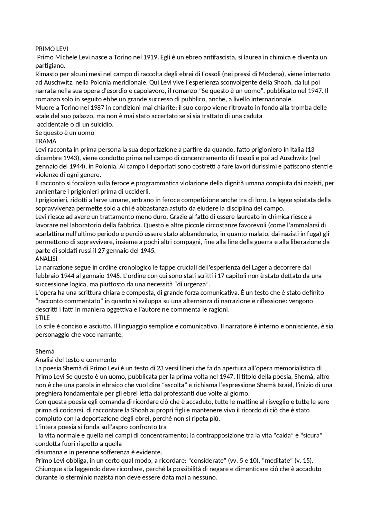 Primo Levi e analisi poesia Shema | Schemi e mappe concettuali di ...