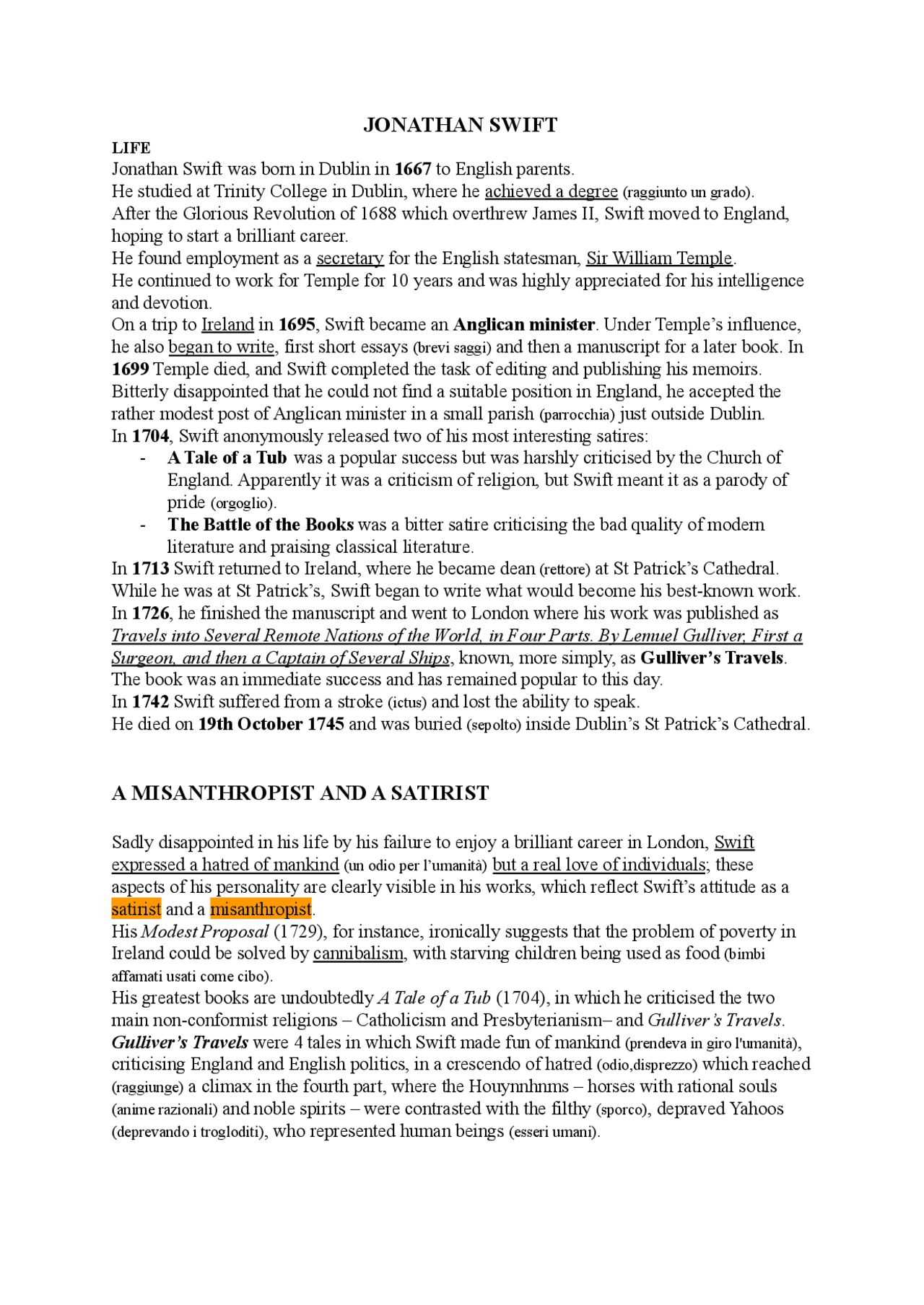 Jonathan Swift Vita E Opere Appunti Di Inglese Docsity