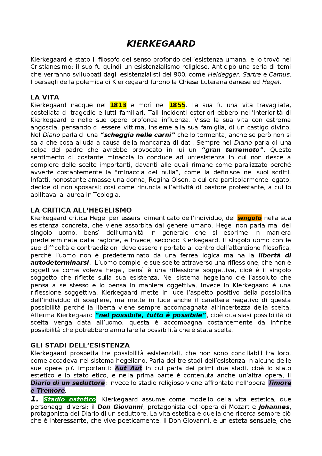 Kierkegaard Appunti Di Filosofia Docsity